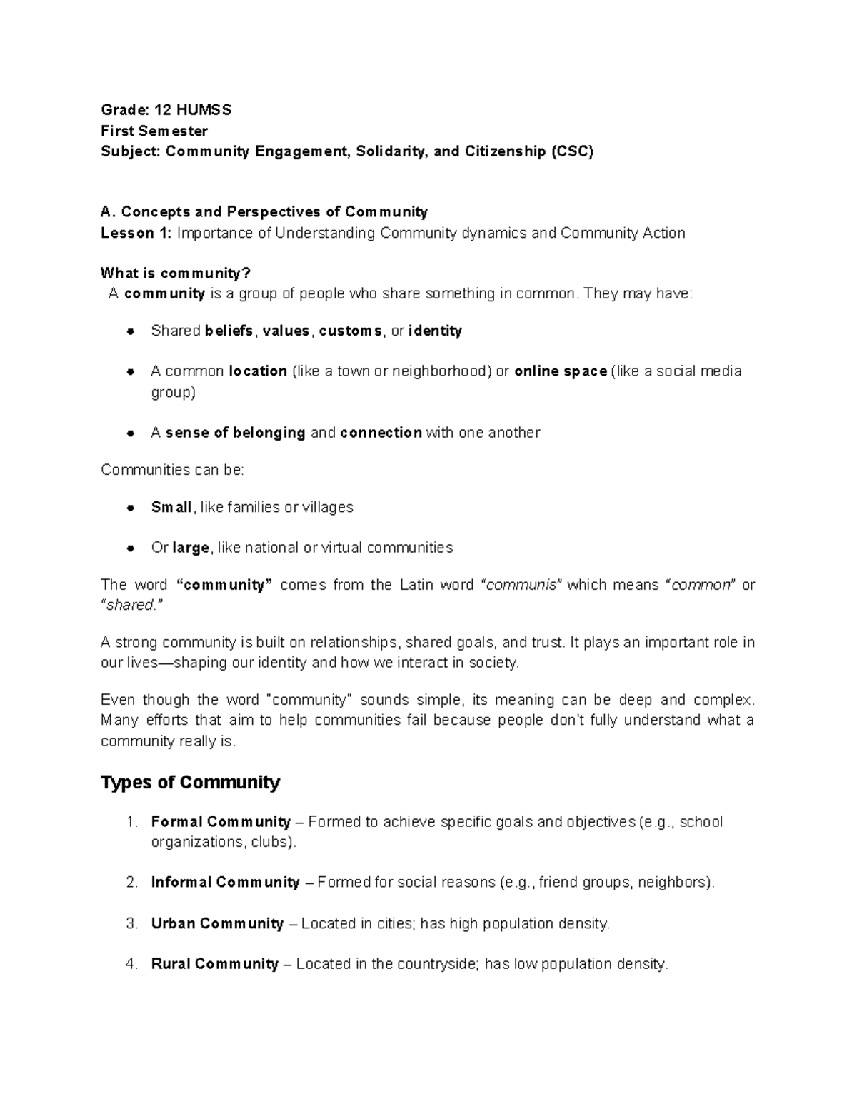 Grade 12 HUMSS: Understanding Community Dynamics and Action - Studocu