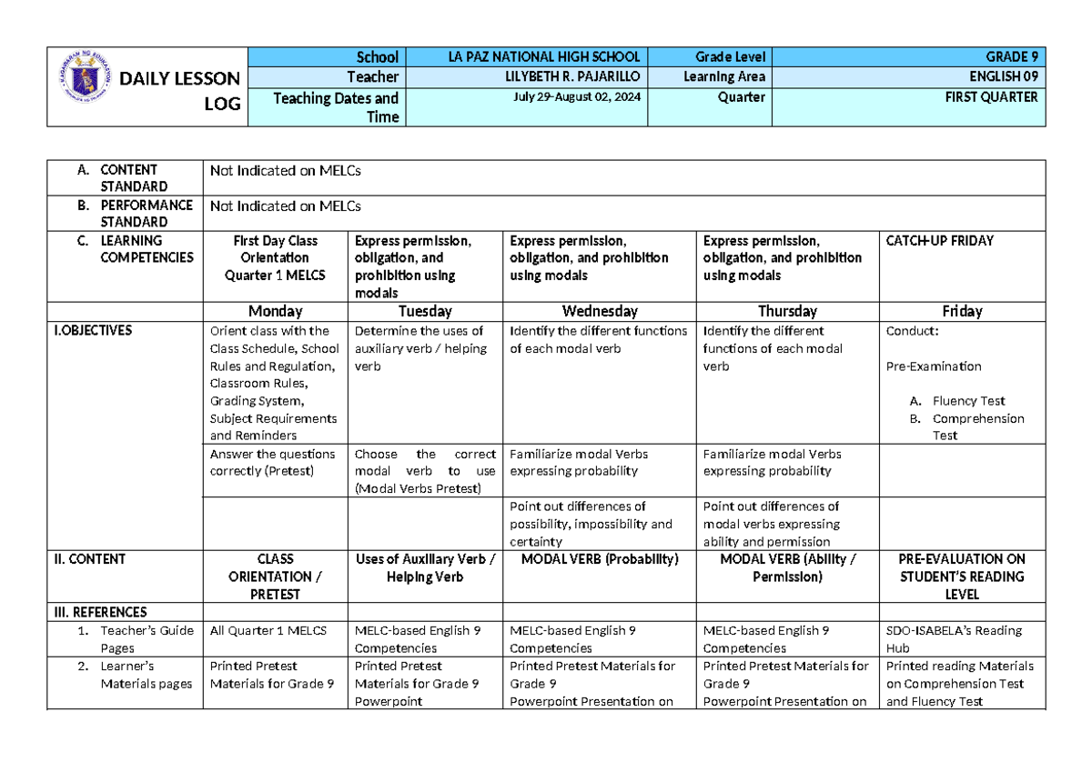First Week Daily Lesson Log - DAILY LESSON LOG School LA PAZ NATIONAL ...