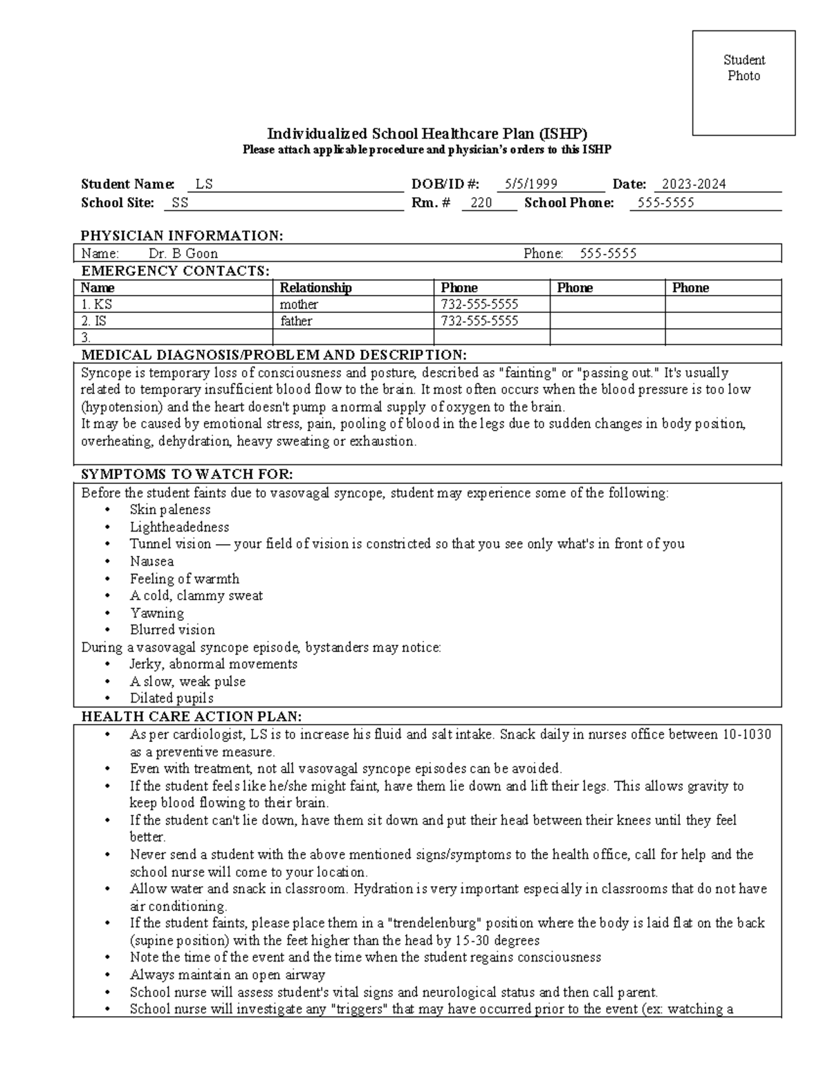 IHP LS - Individualized School Healthcare Plan for Syncope Management ...
