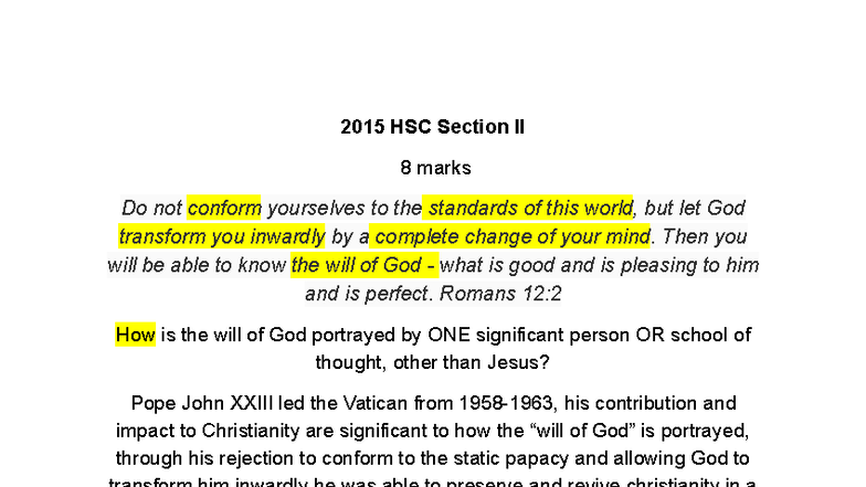 Pope John XXIII: Transforming the Church - HSC 2015 Section II Essay ...