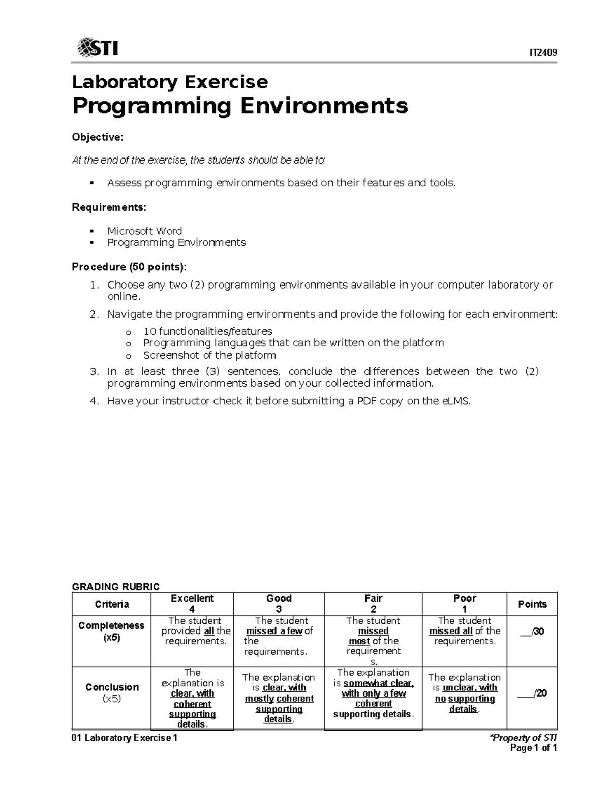 IT2409 Lab Exercise: Evaluating Programming Environments - Studocu