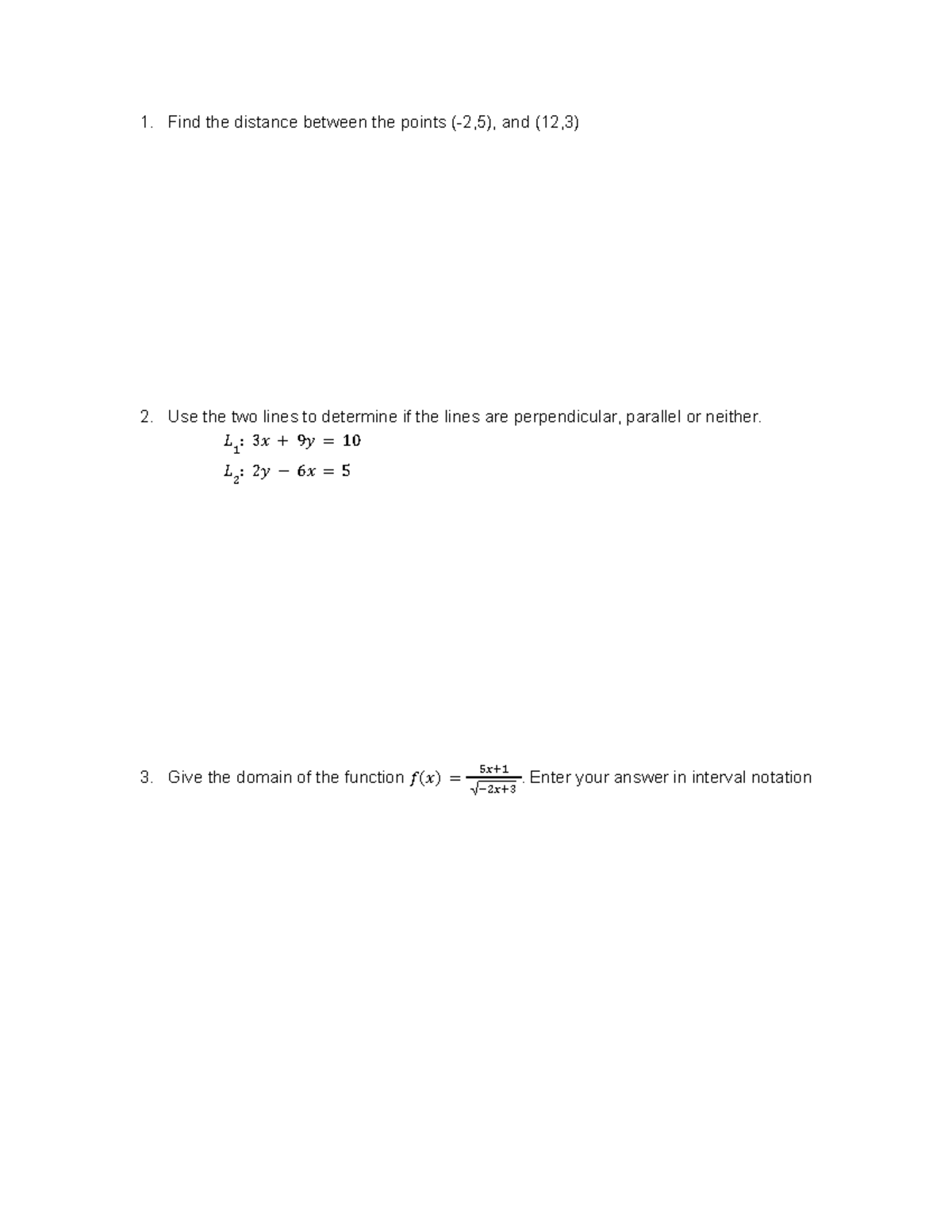 Study guide TEST 1 - Find the distance between the points (-2,5), and ...