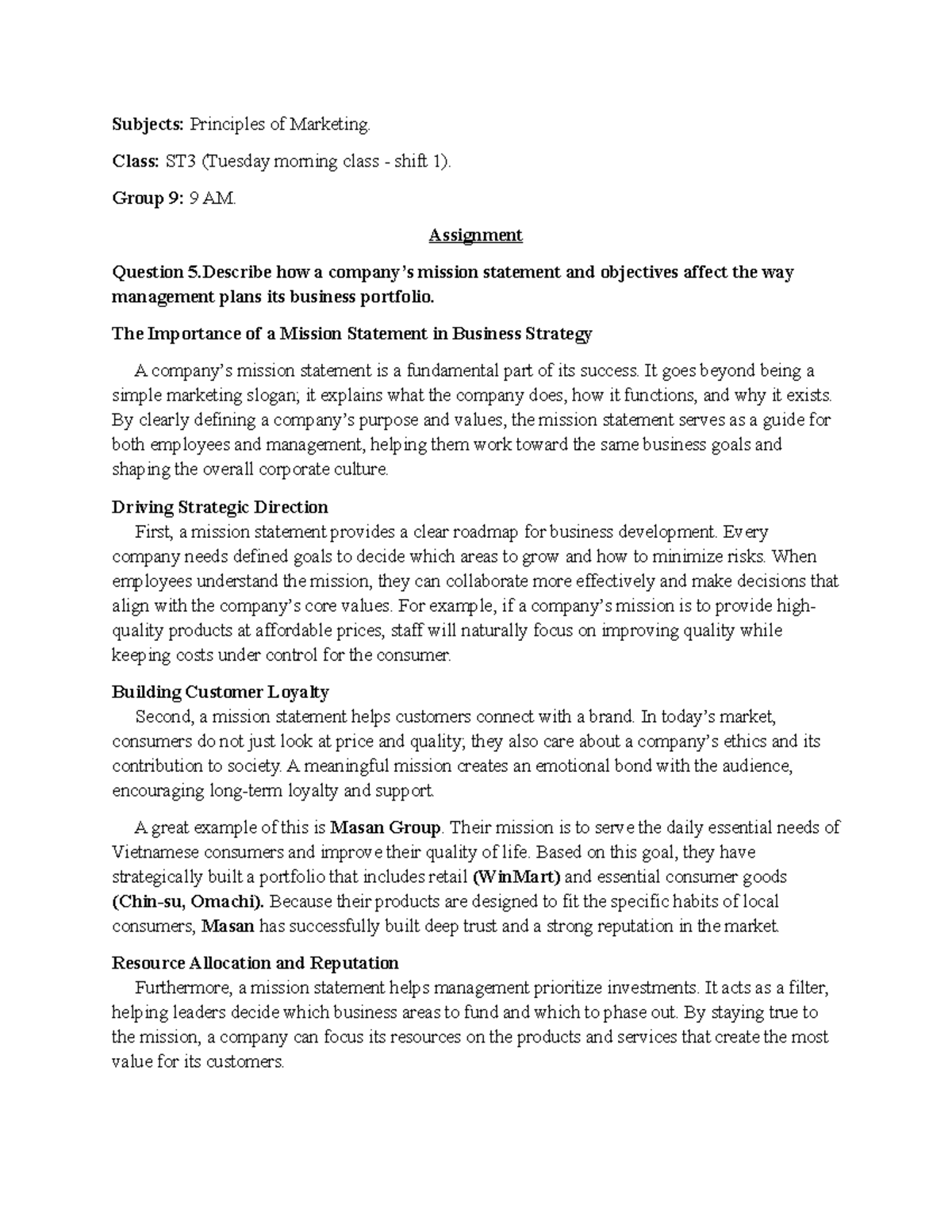 ST3 Principles of Marketing: The Role of Mission & Objectives in ...