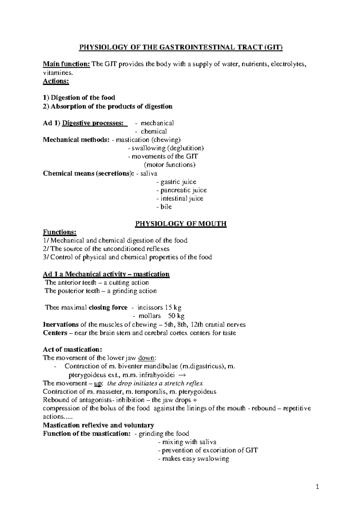 GIT PHYSIOLOGY: Comprehensive Notes on Gastrointestinal Functions - Studocu