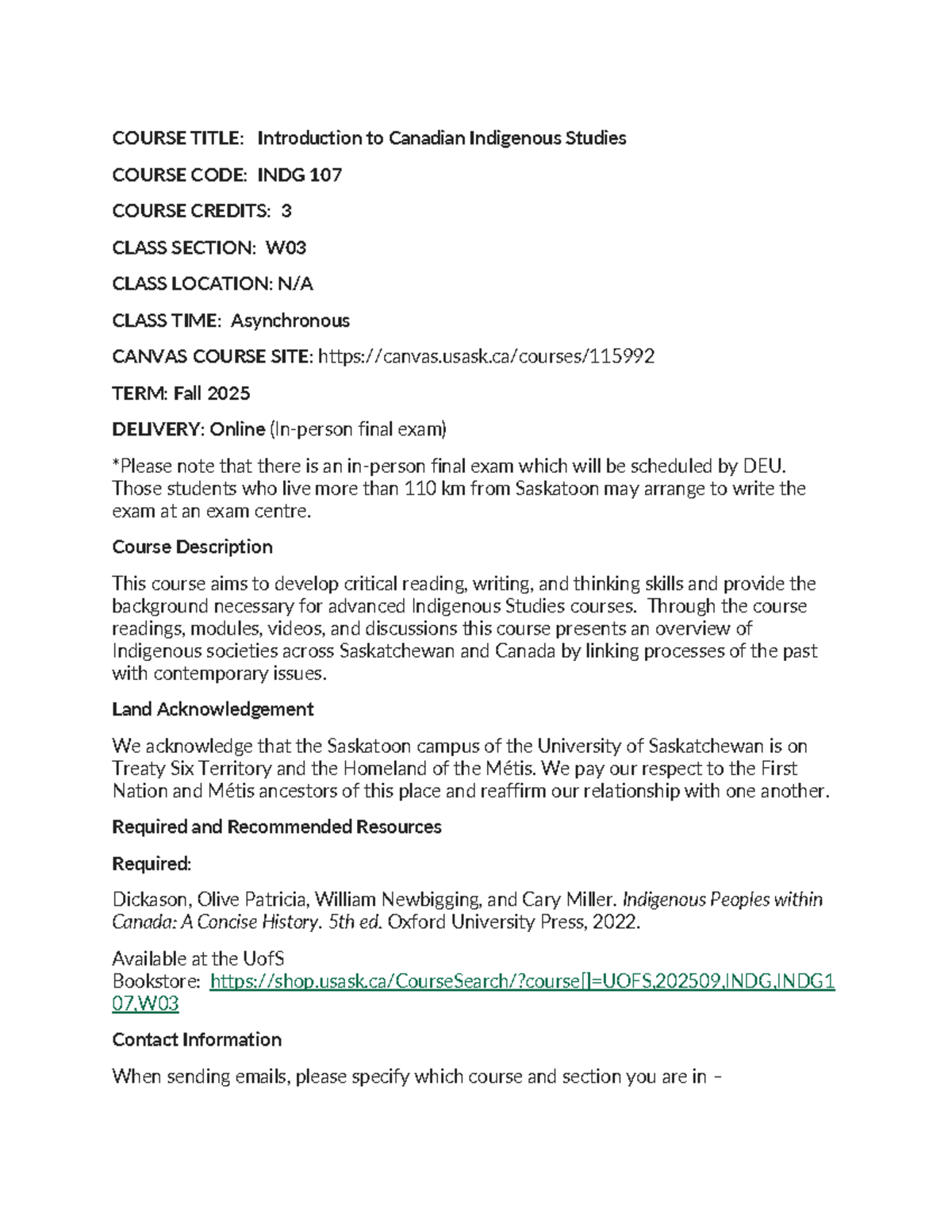 INDG 107: Introduction to Canadian Indigenous Studies Syllabus - Studocu