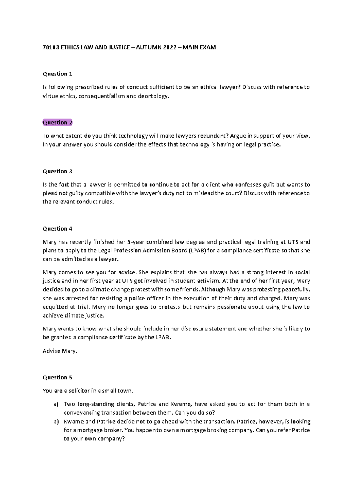 70103 ETHICS LAW AND JUSTICE AUTUMN 2022 MAIN EXAM Past Paper Analysis ...
