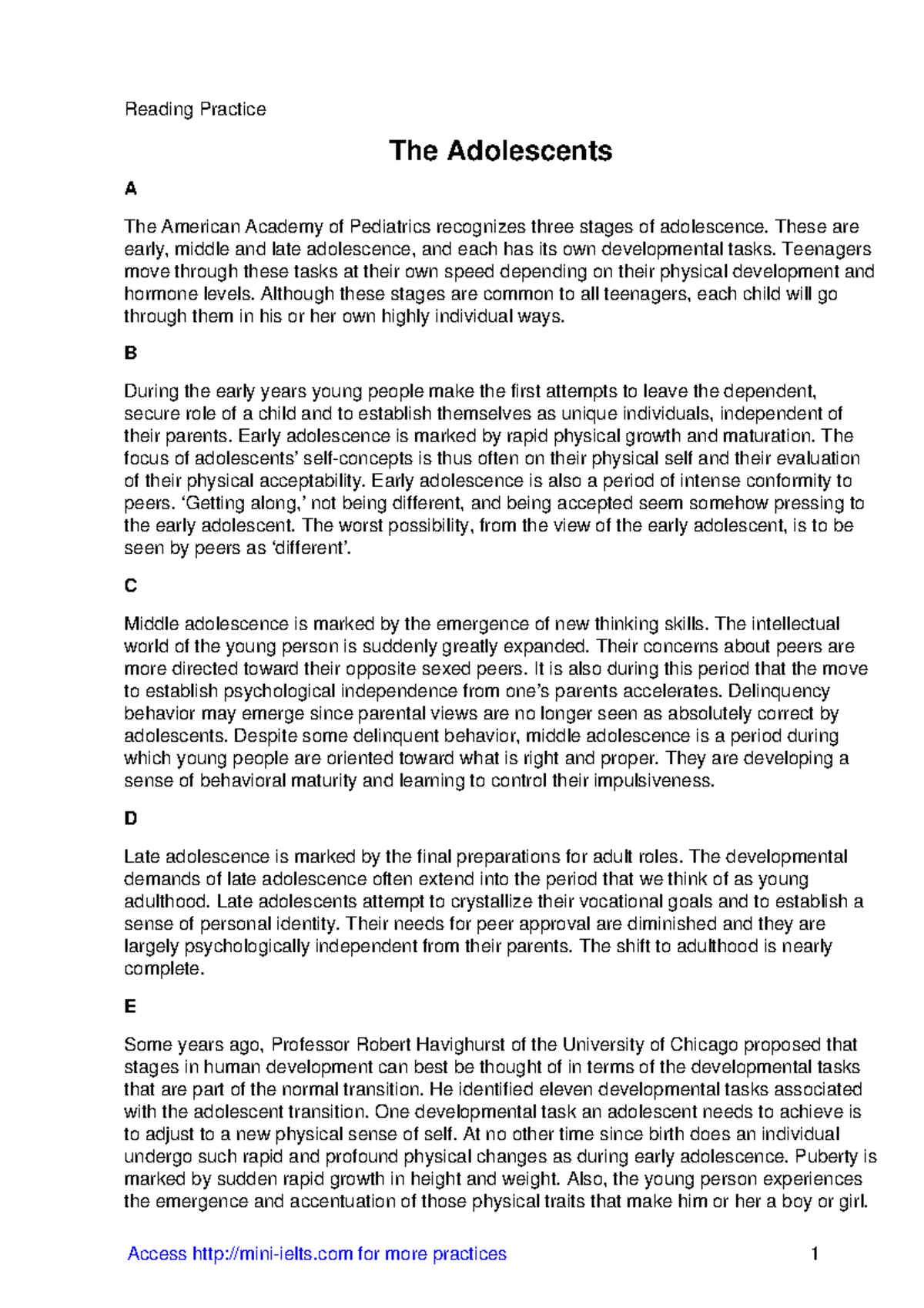 Reading Practice: Stages of Adolescence and Developmental Tasks - Studocu