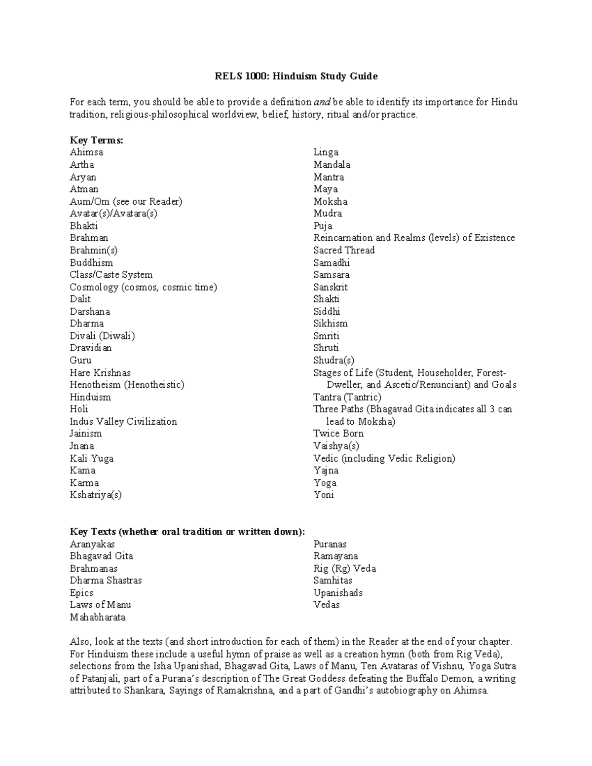 Hinduism study guide - RELS 1000: Hinduism Study Guide For each term ...