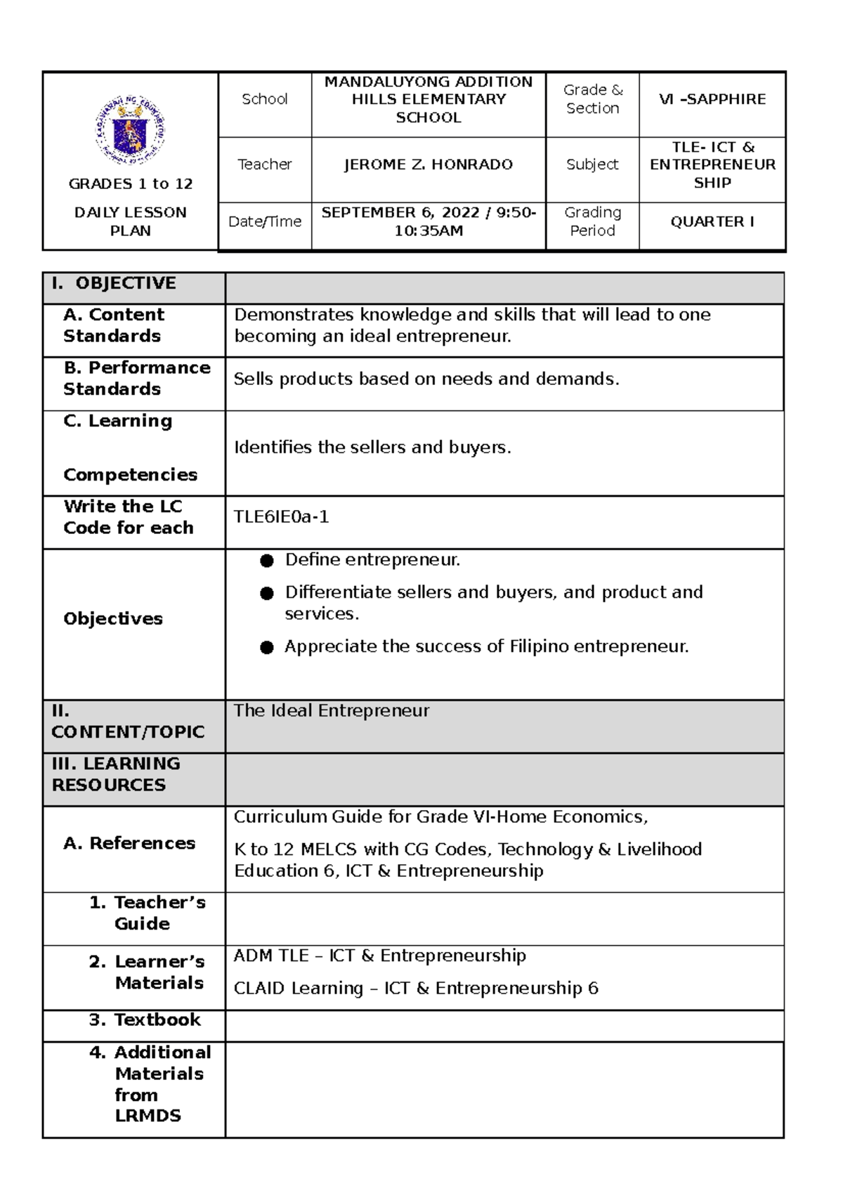 TLE6 LP Q1 ICT Lesson 1 - GRADES 1 to 12 DAILY LESSON PLAN School ...