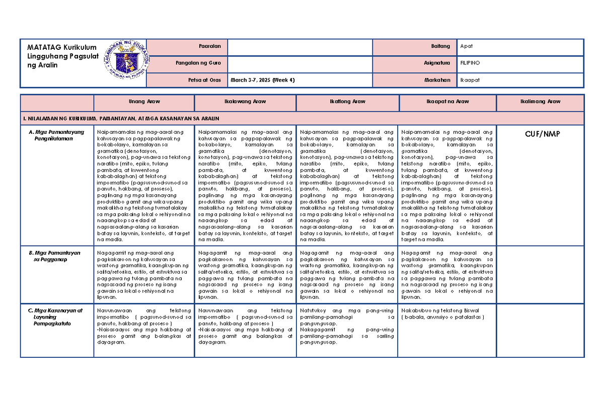 Q4-W4 - Filipino 4 - Lesson Plan: Pagsusuri ng Nilalaman at Pamantayan ...