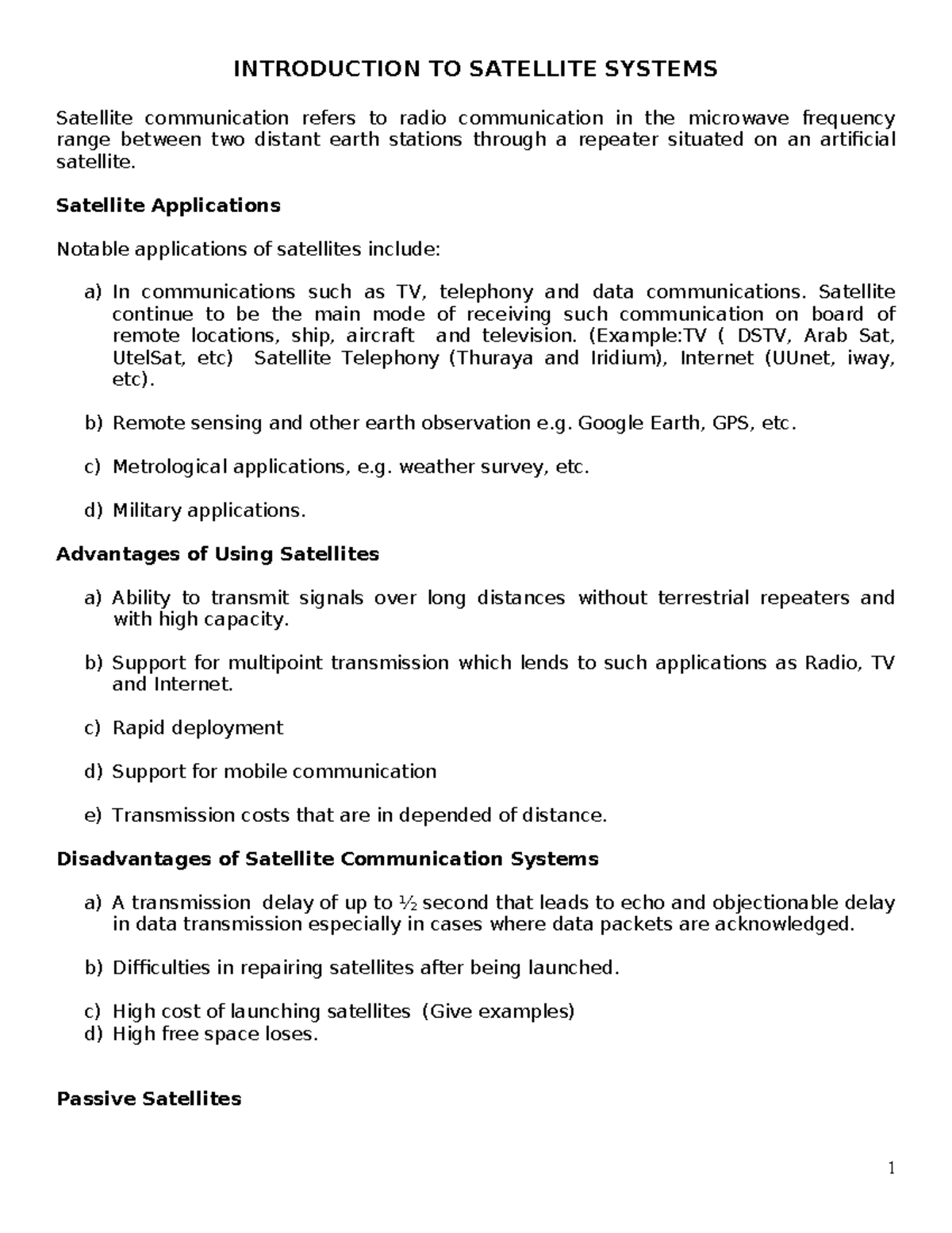 Introduction to Satellite Communication Systems (Course Code: SAT101 ...