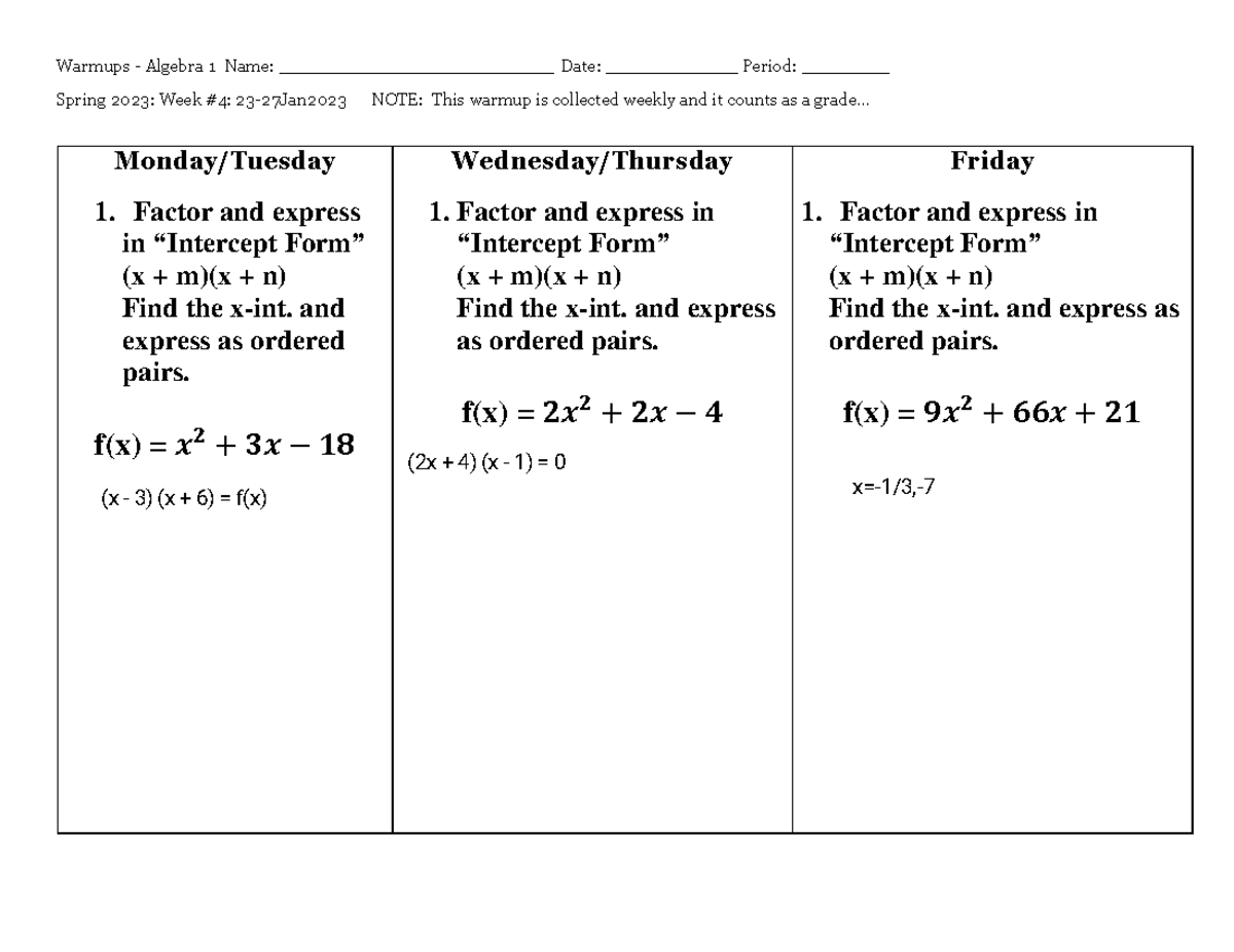 - Algebra 1 Week 4 Warmups (23-27Jan2023) B - Warmups - Algebra 1 Name