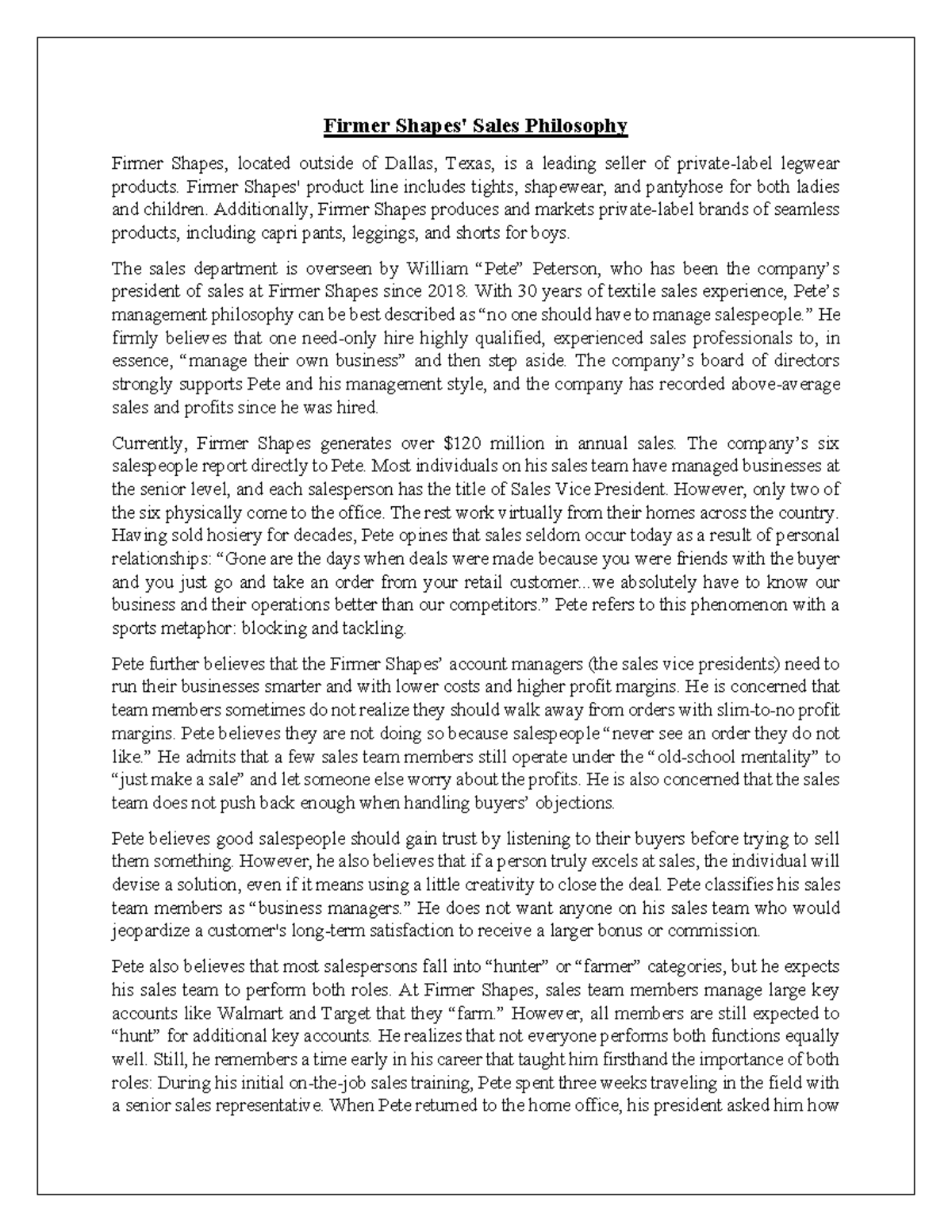 Case Study: Firmer Shapes' Sales Philosophy (BUS 101) - Studocu