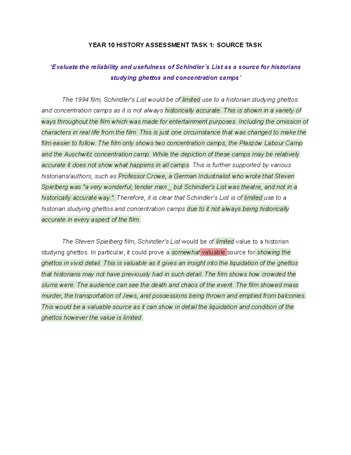 YEAR 10 History Assessment TASK 1 Source TASK - YEAR 10 HISTORY ...