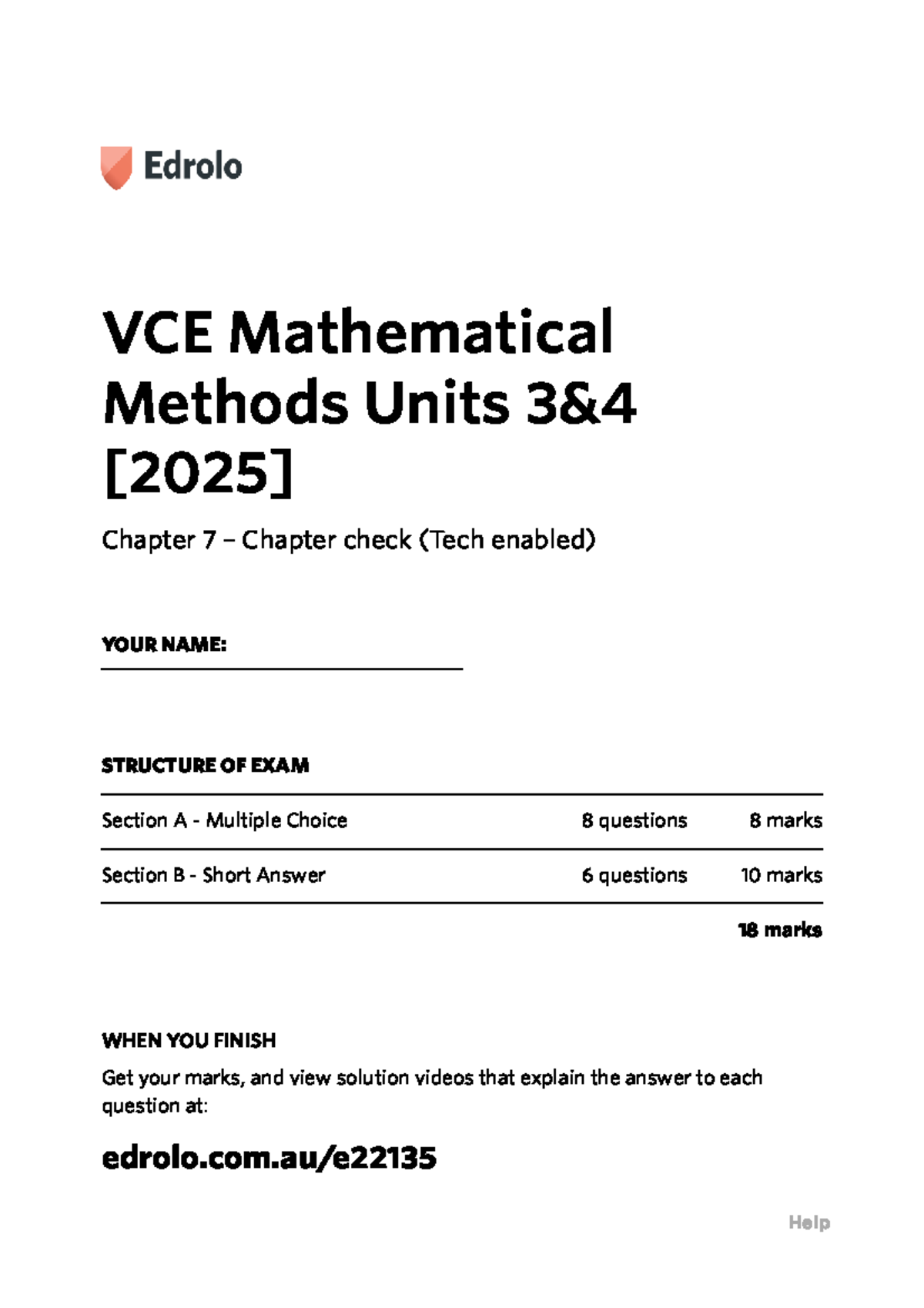 VCE Mathematical Methods Unit 7 Chapter Check Exam Structure and ...