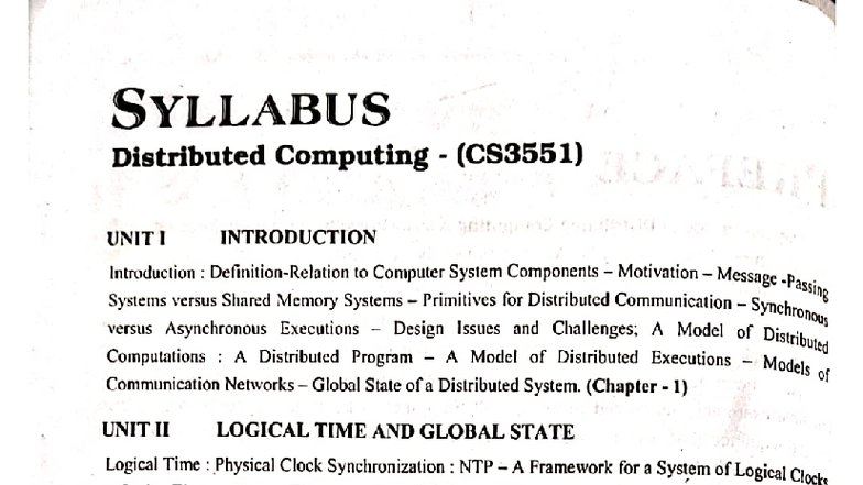 Syllabus for Distributed Computing (CS3551) - Units Overview - Studocu