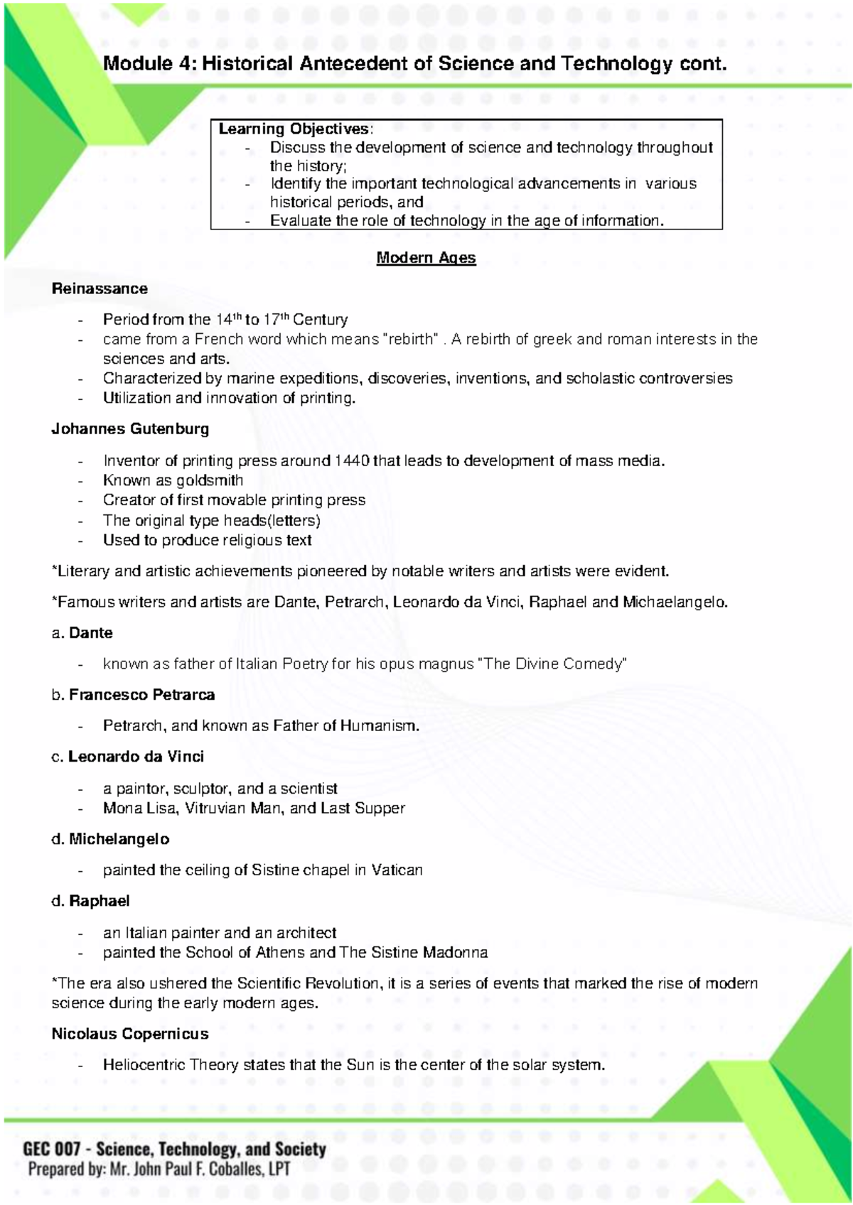 Module 4: Historical Development of Science & Technology - Renaissance ...