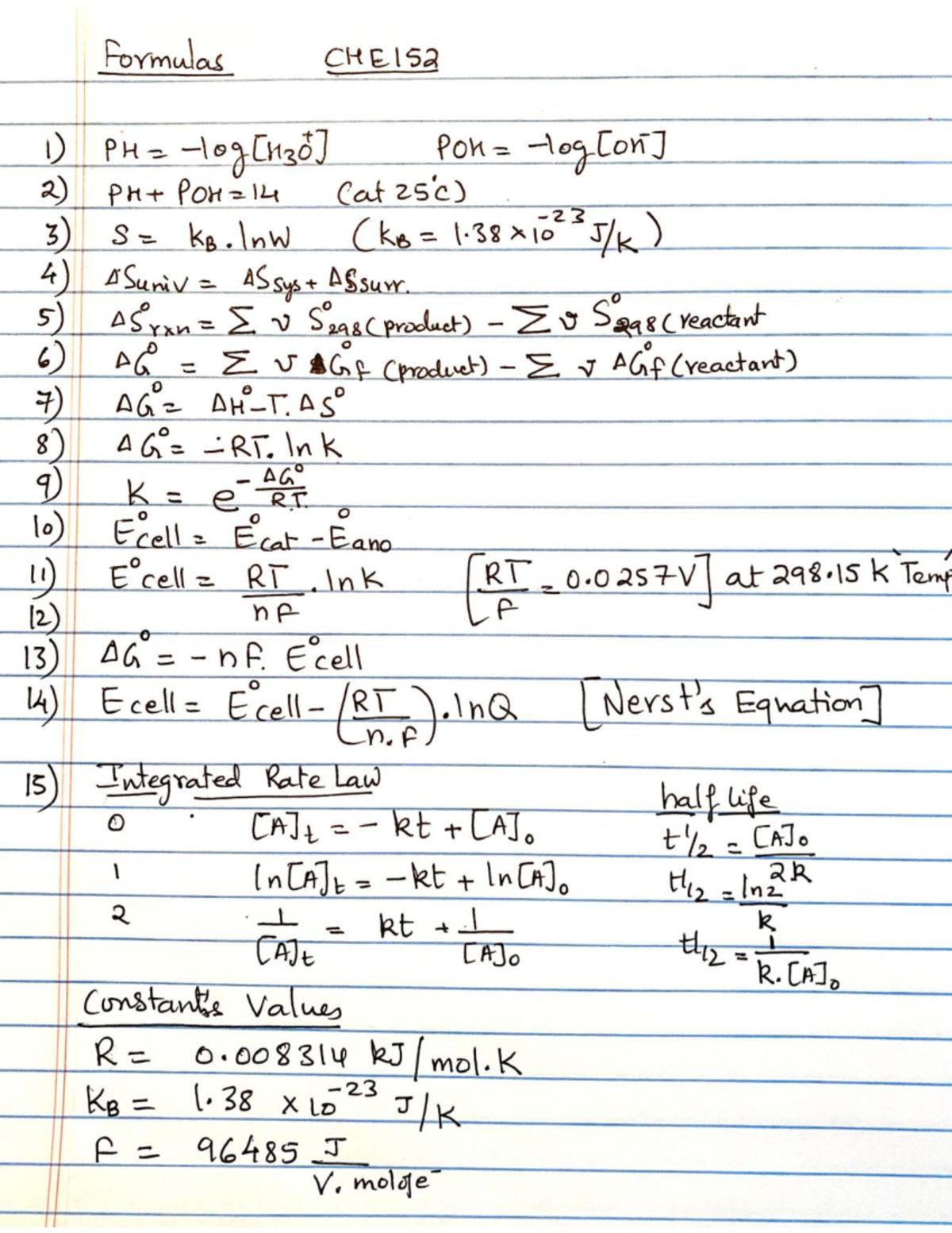 Formulas CHE15a - Key Equations and Constants - Studocu