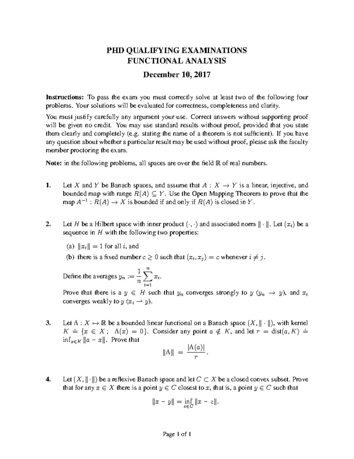 Functional Analysis PHD Qualifying Exam - December 2017 - Studocu
