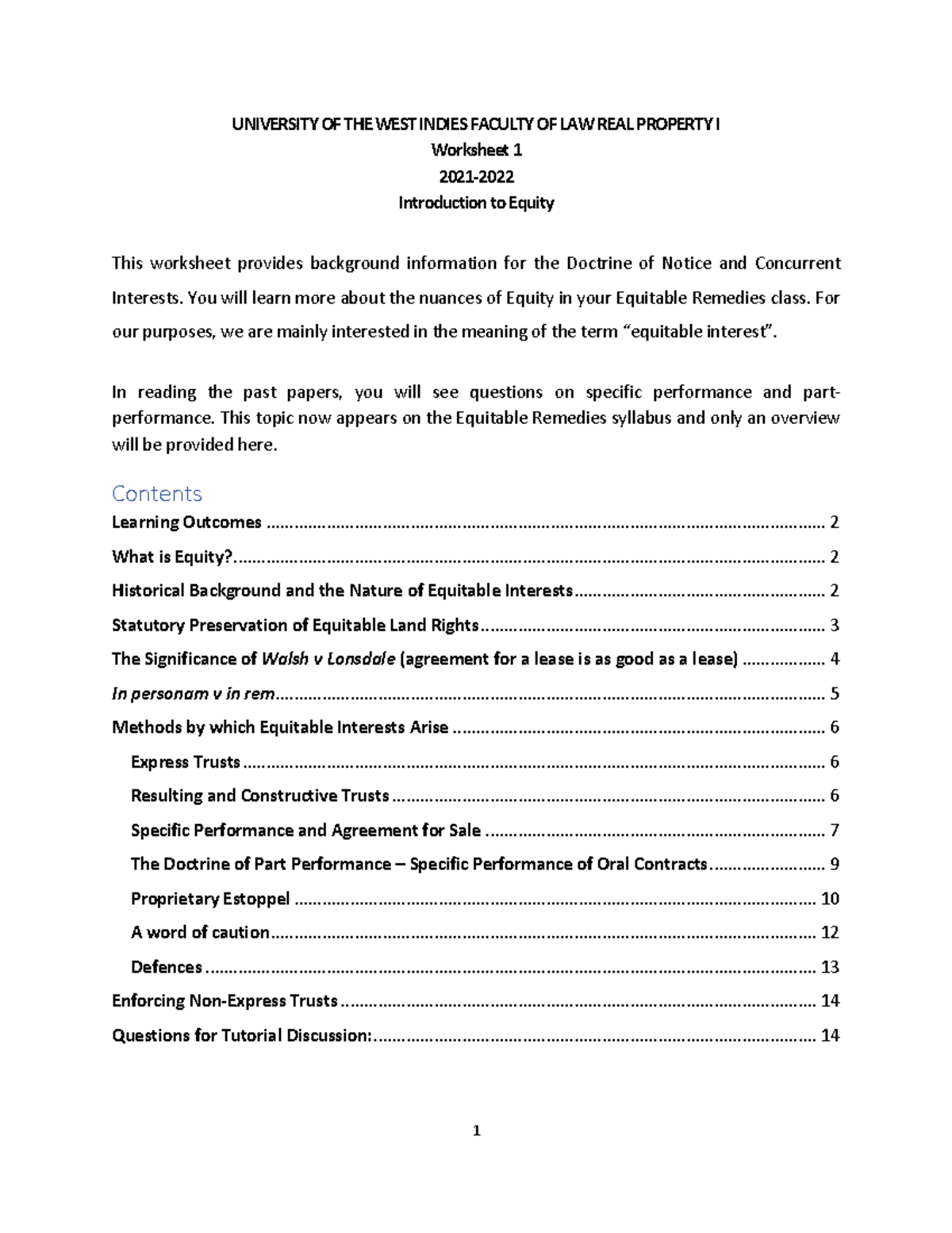Real Property I Worksheet 1: Understanding Equity Concepts and ...