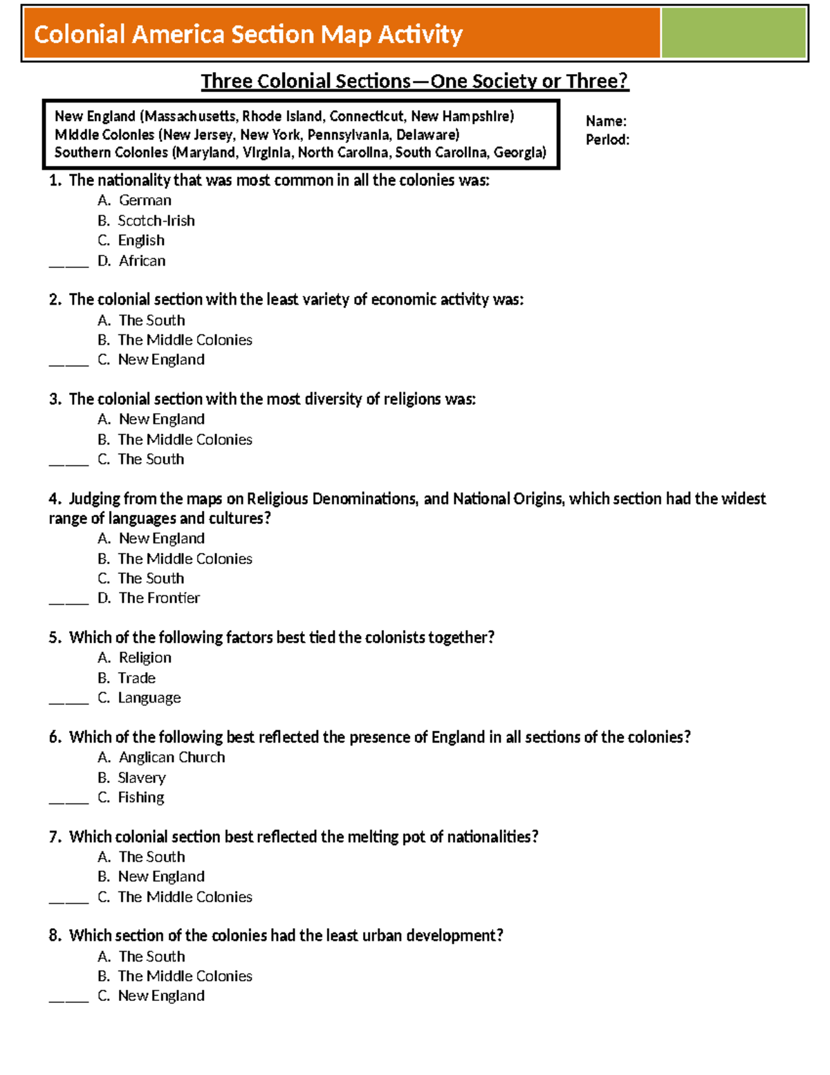 Colonial America Map Activity: Exploring Three Colonial Societies - Studocu