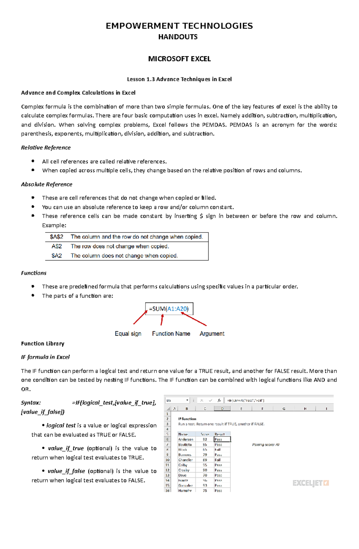 Etech- Handout- Excel - EMPOWERMENT TECHNOLOGIES HANDOUTS MICROSOFT EXCEL Lesson 1 Advance - Studocu