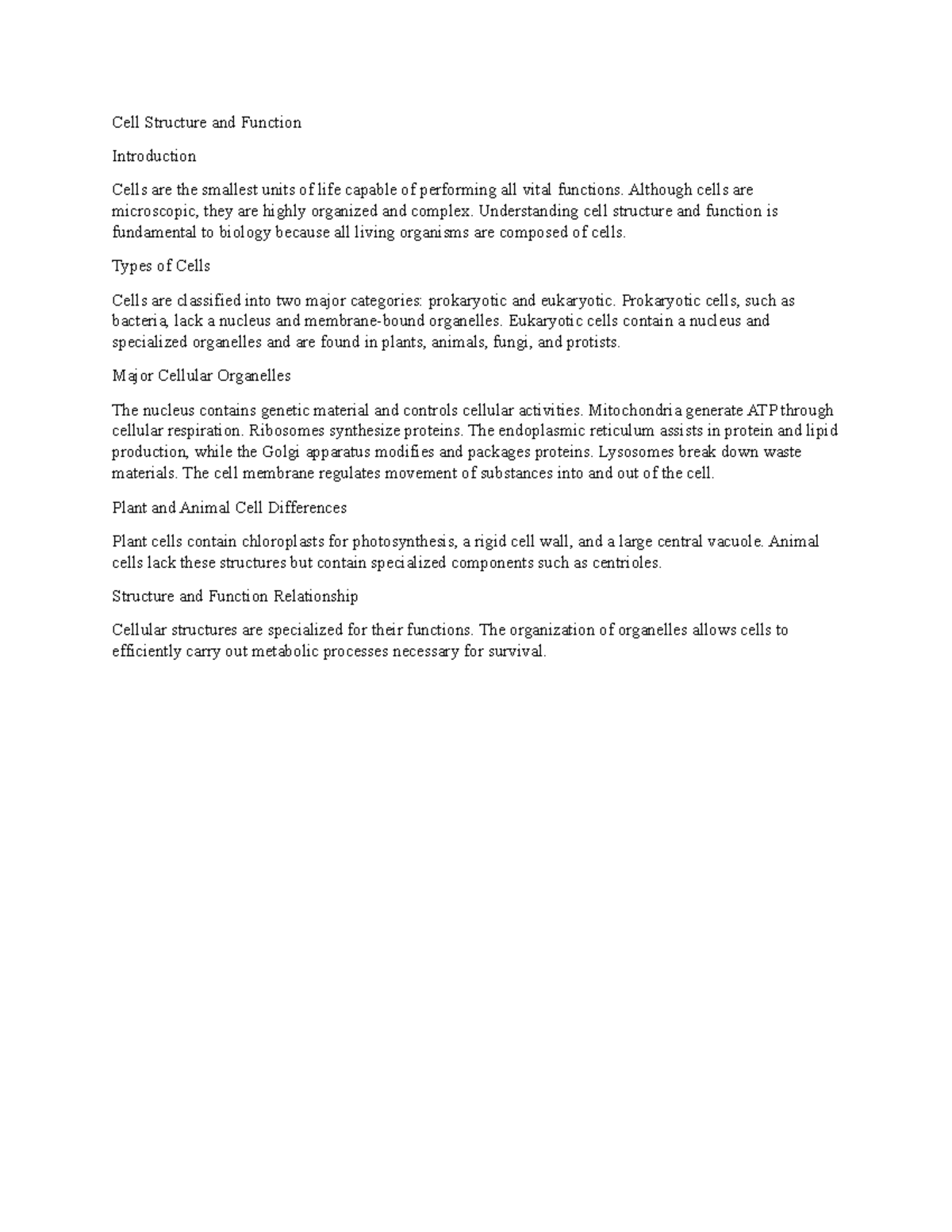 BIO101: Cell Structure and Function Overview and Key Concepts - Studocu