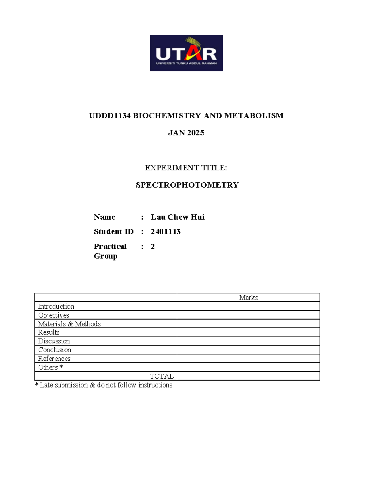 Biochemistry lab report: Spectrophotometry experiment (Jan 2025) - Studocu