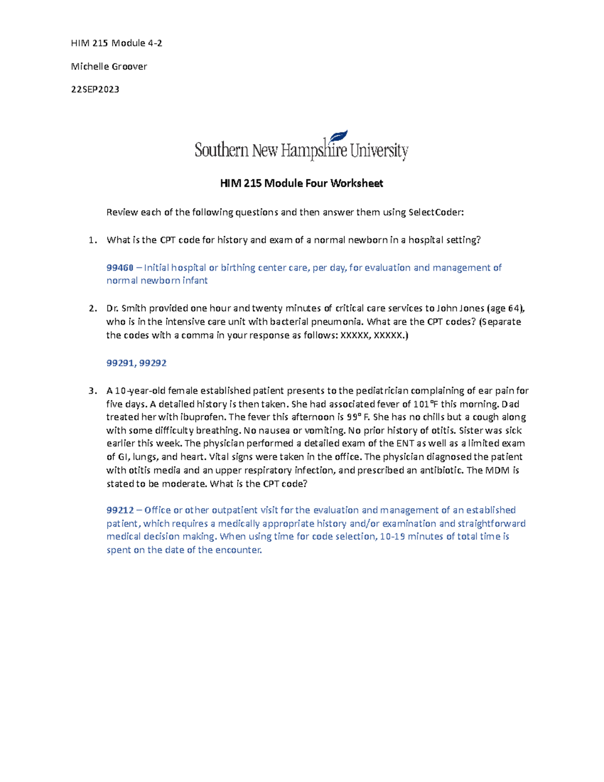 HIM 215 Module 4-2 Worksheet - CPT & EM Coding Questions - Studocu