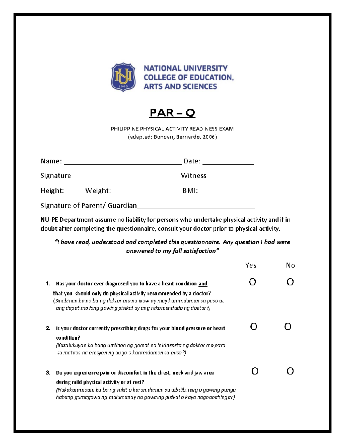 PAR-Q: Philippine Physical Activity Readiness Exam Form - Studocu