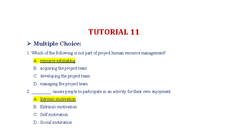 SPM TUTORIAL 11: Multiple Choice Questions on Project Management - Studocu