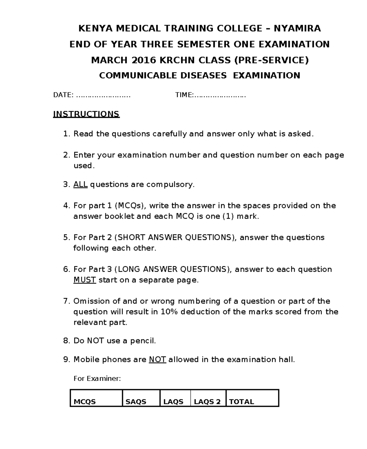 KENYA MEDICAL TRAINING COLLEGE KRCHN COMMUNICABLE DISEASES EXAM MARCH ...