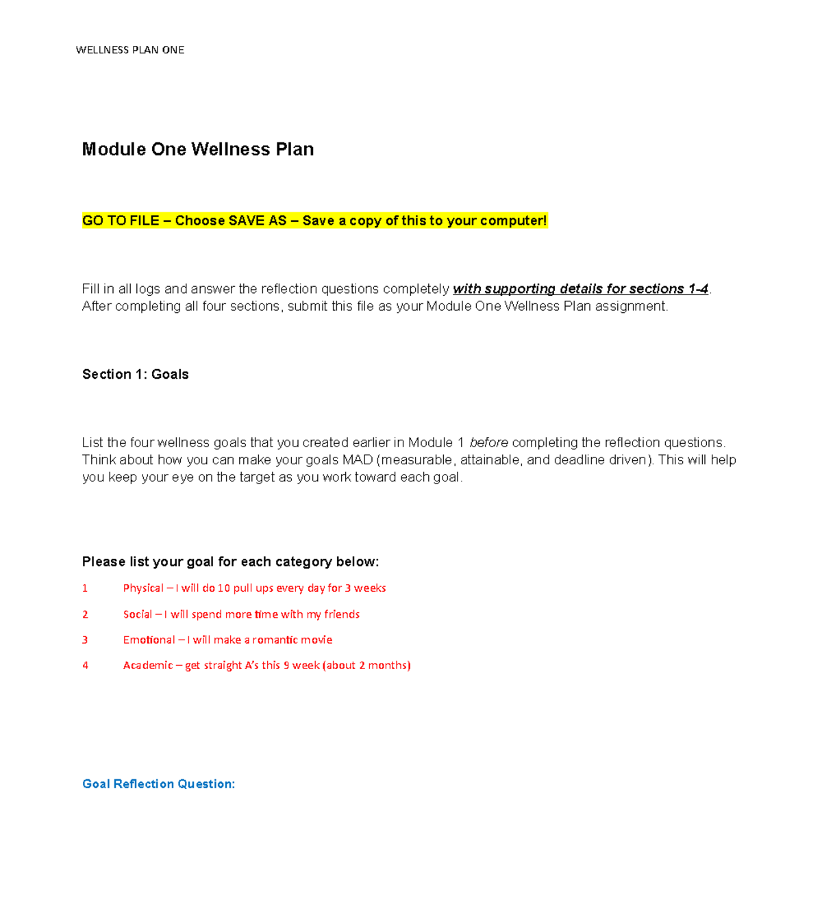 Wellness PLAN 1 hope - WELLNESS PLAN ONE Module One Wellness Plan GO TO ...