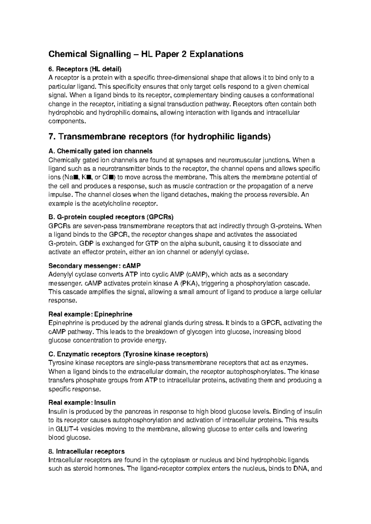 Chemical Signalling HL Paper 2: Detailed Receptor Mechanisms - Studocu