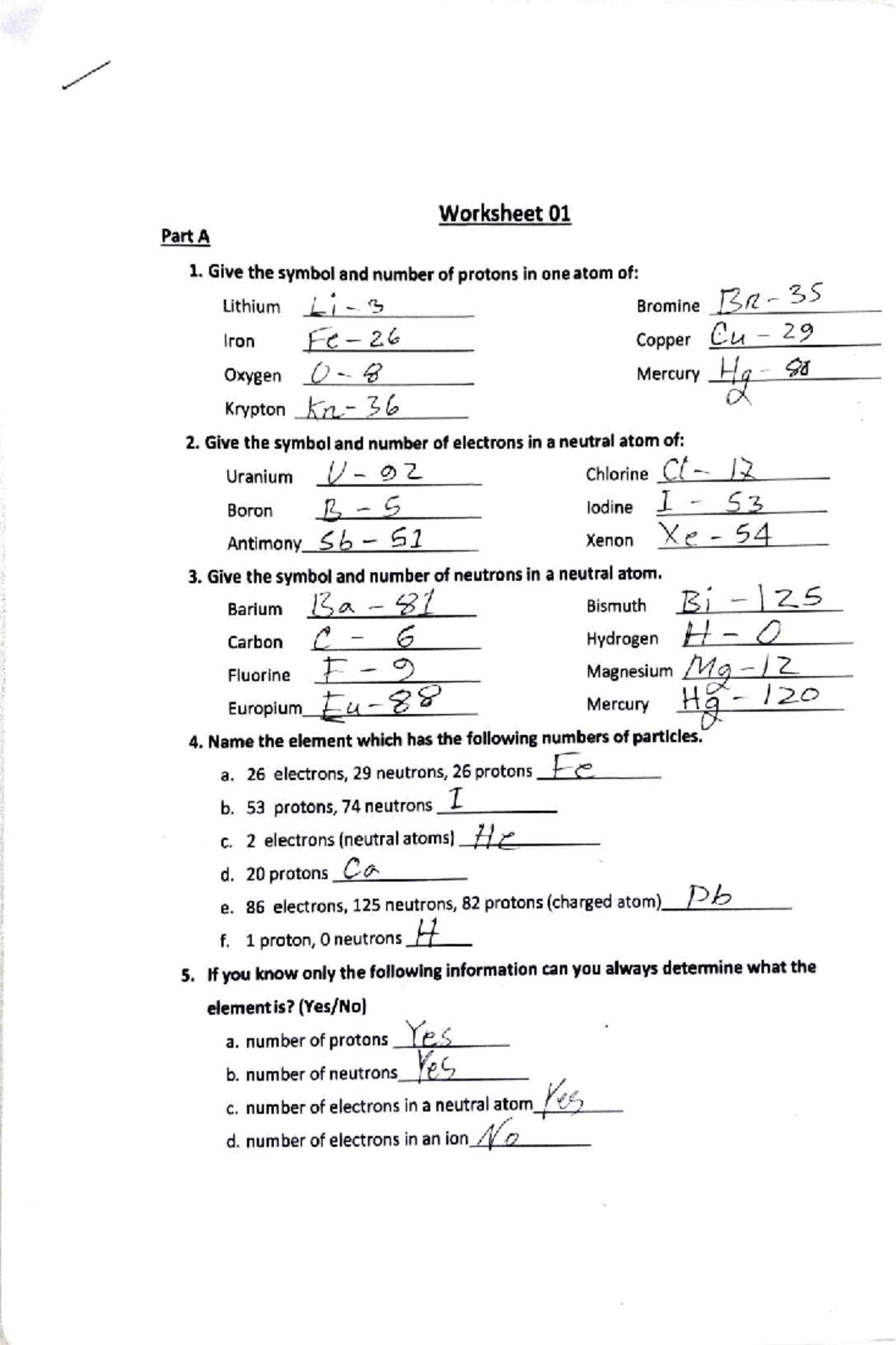 Chemistry Worksheet 01: Protons, Electrons, Neutrons & Elements - Studocu