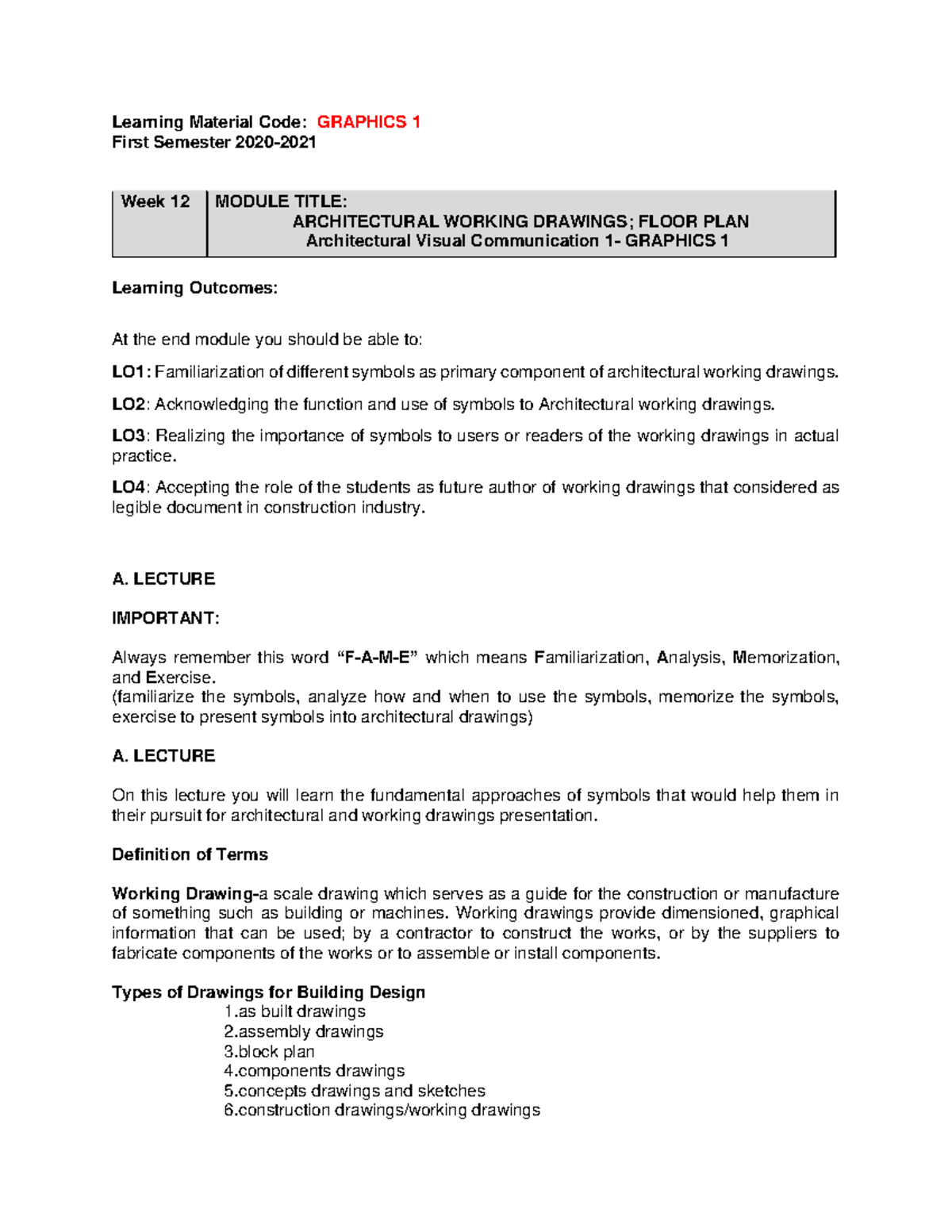 BS ARCH-GRAPHICS 1 - WORKING DRAWINGS: FLOOR PLAN & MORE - Studocu