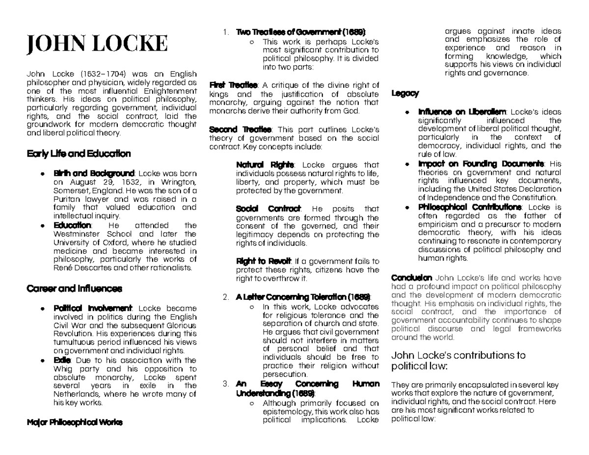 PHIL 101: John Locke and Rousseau's Political Philosophy Insights - Studocu