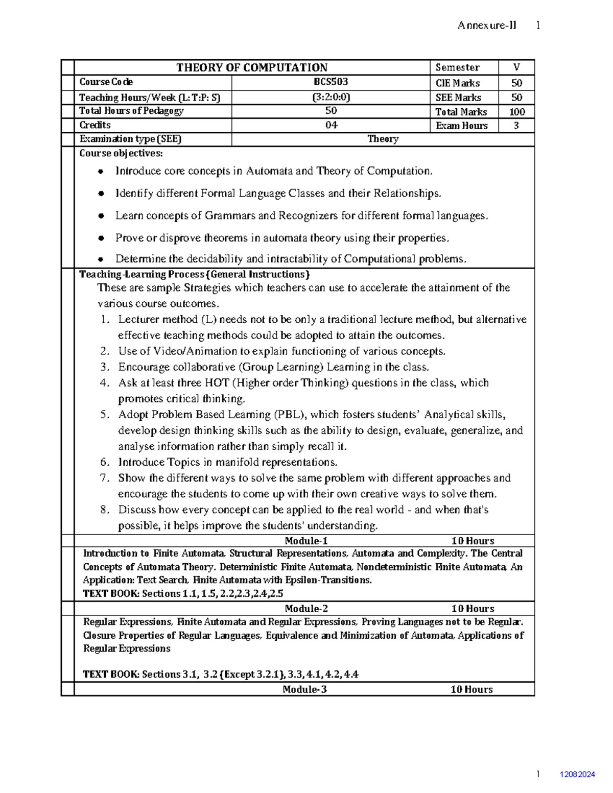 Theory of Computation Syllabus (BCS503) - Semester V - Studocu