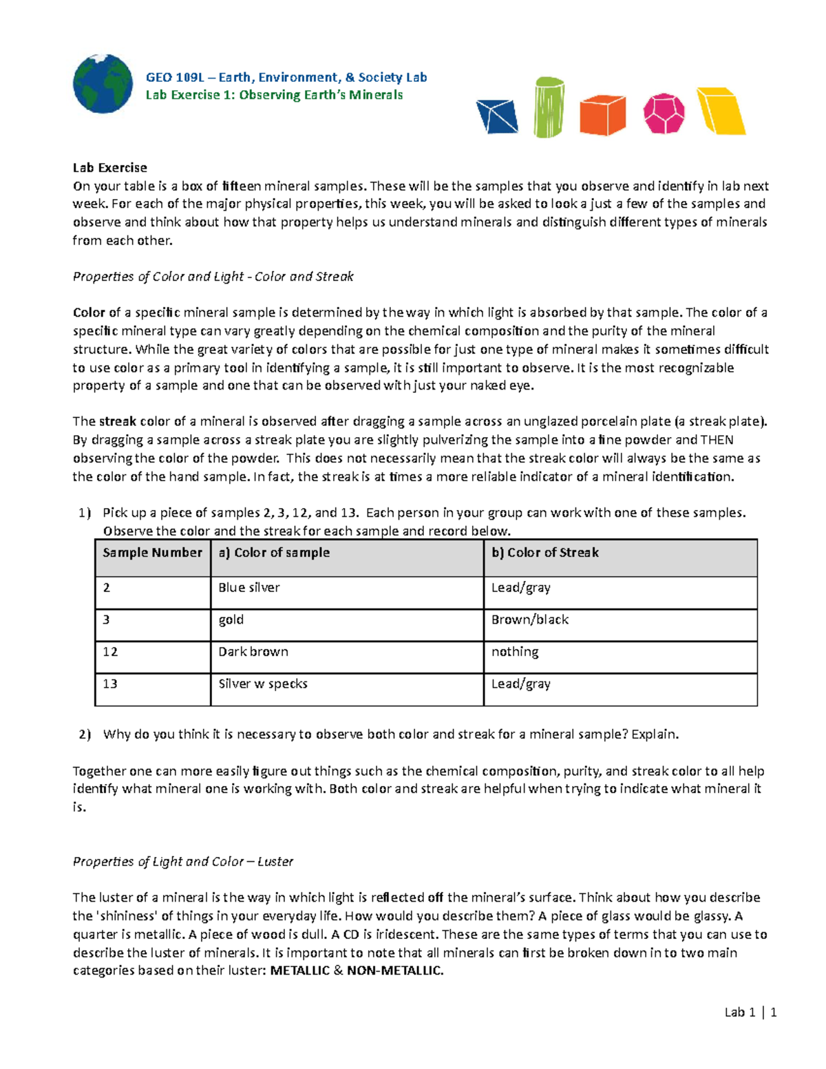 GEO109L Lab 1: Observing Minerals – Properties and Identification F21-1 ...