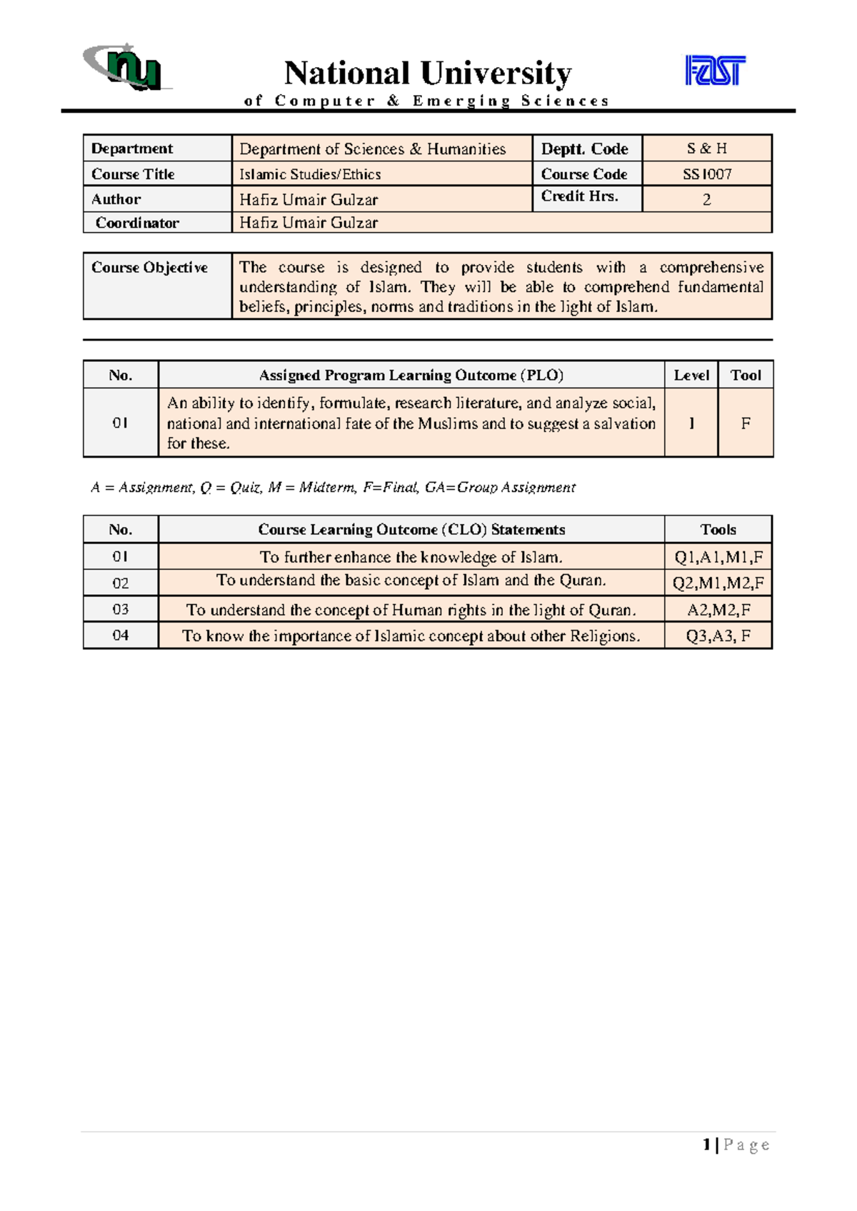 Islamic Studies & Ethics Course Outline SS-1007 Spring 2024 - Studocu