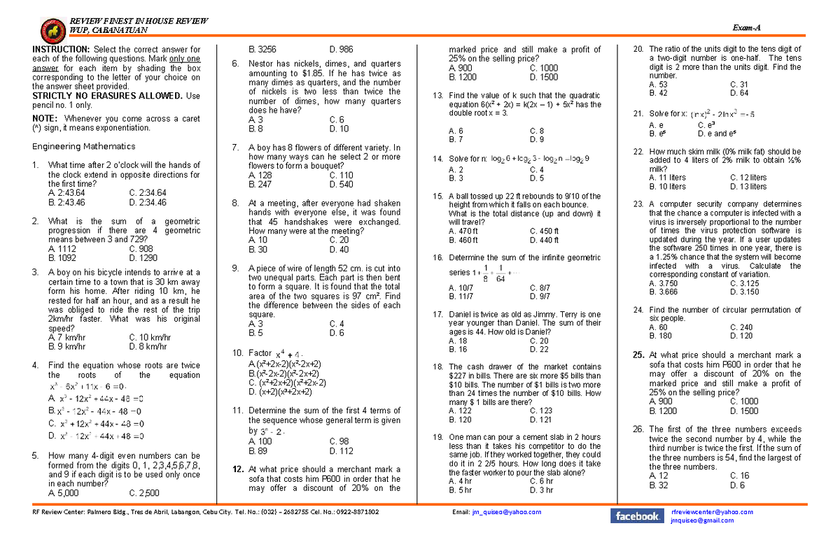 WUP Algebra A - Practice Materials for Review and Exam Prep - Studocu