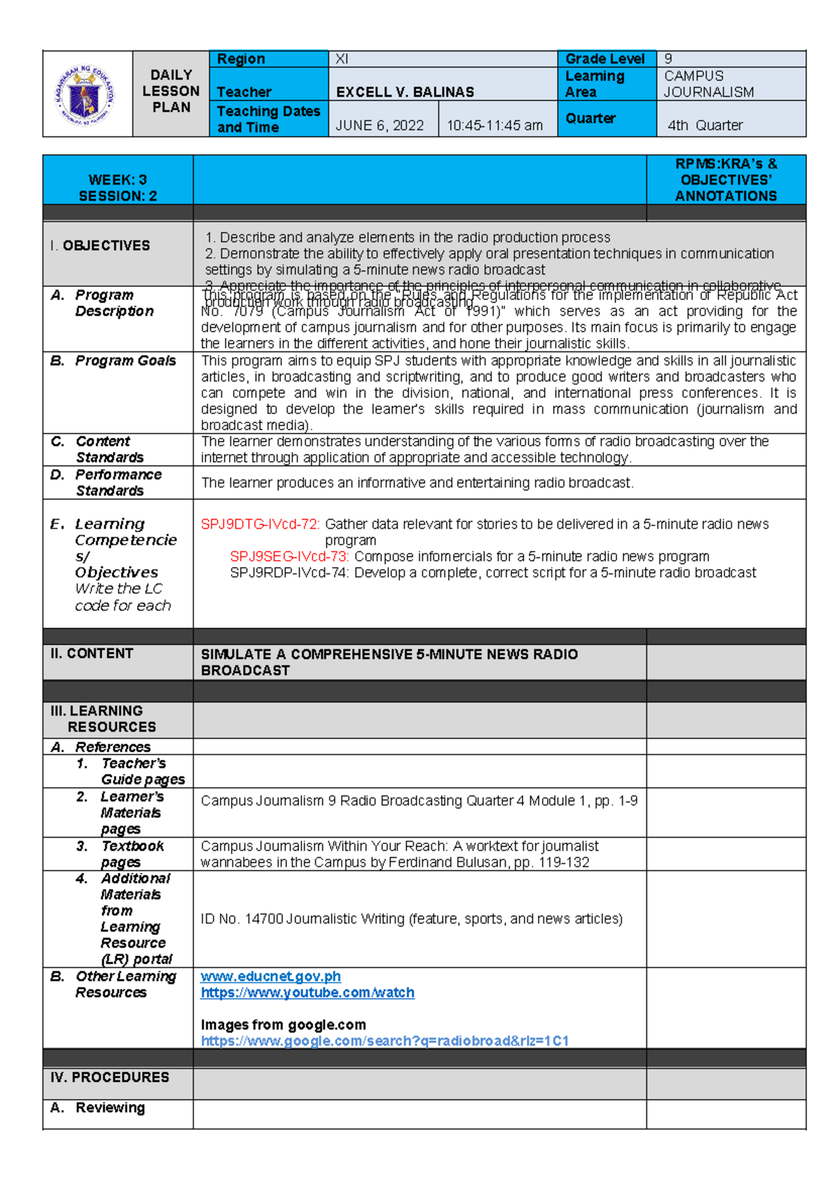 Daily Lesson Plan for Journalism 9: 5-Minute Radio Broadcast Guide ...