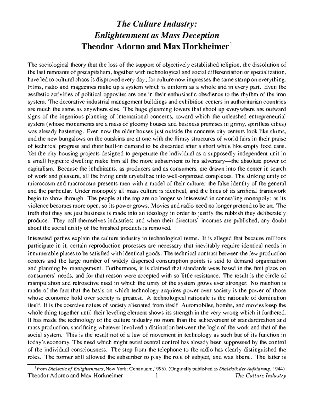 The Culture Industry: Analyzing Mass Deception in Modern Society - Studocu