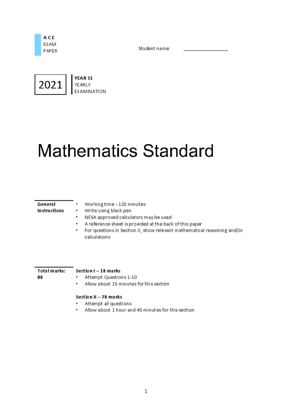 2021 Year 11 Mathematics Standard Yearly Exam Paper - Studocu