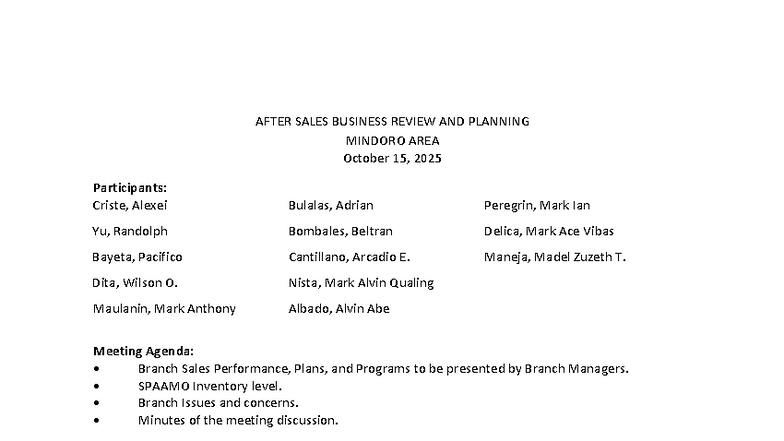 Meeting Minutes: After Sales Review & Planning - Mindoro Area (Oct 2025 ...