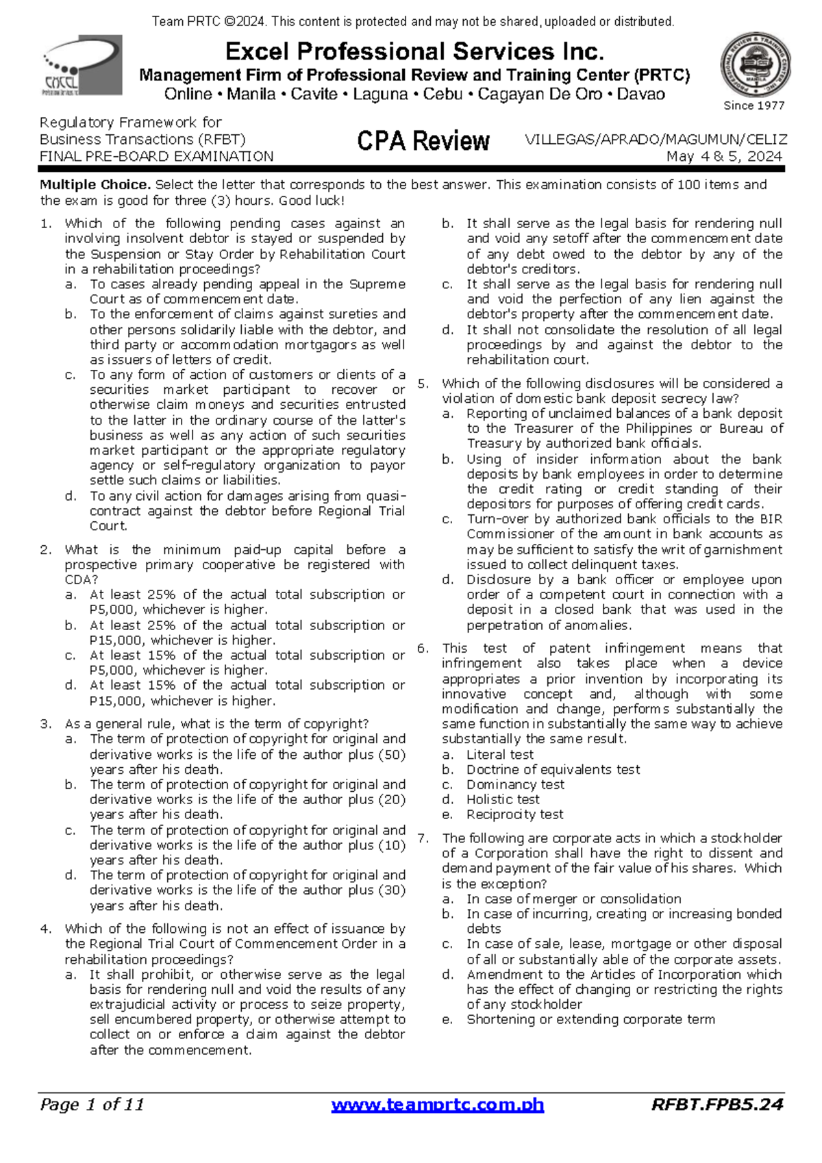 RFBT 2024 - Team PRTC Final Examination Review Notes - Studocu