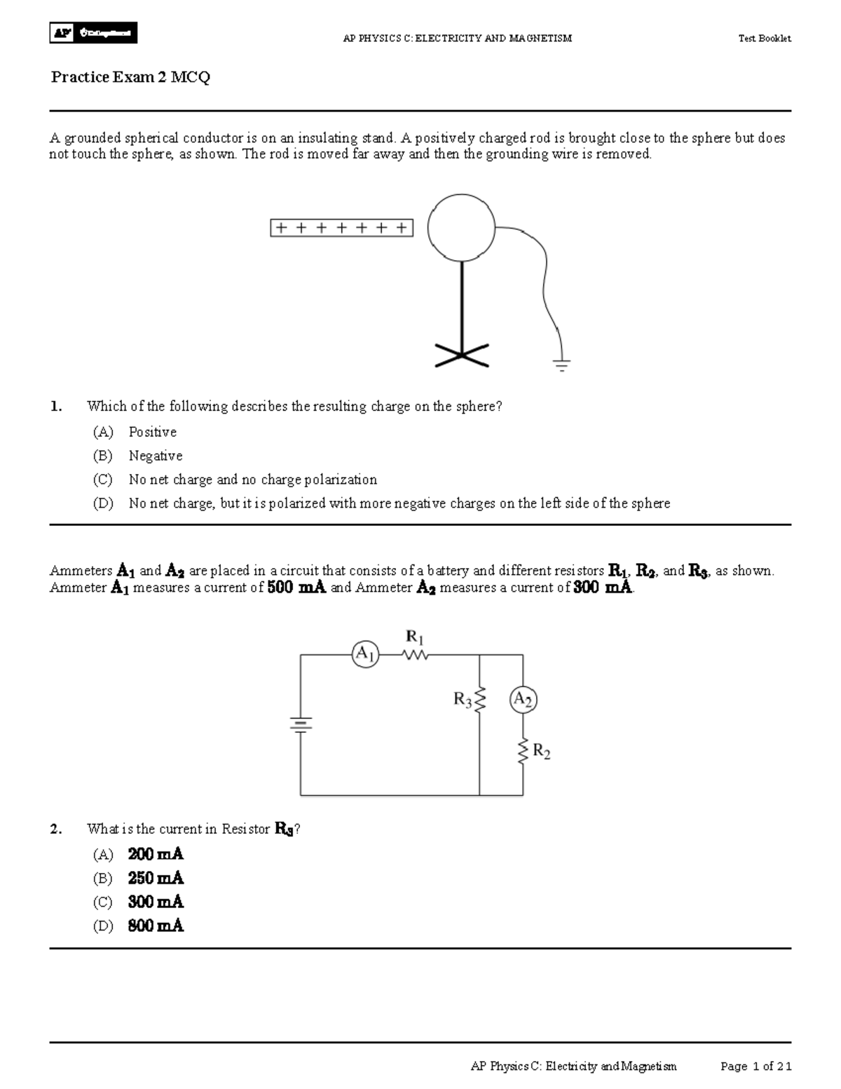 2025 AP PHYSICS C: ELECTRICITY AND MAGNETISM Practice Exam 2 MCQ - Studocu