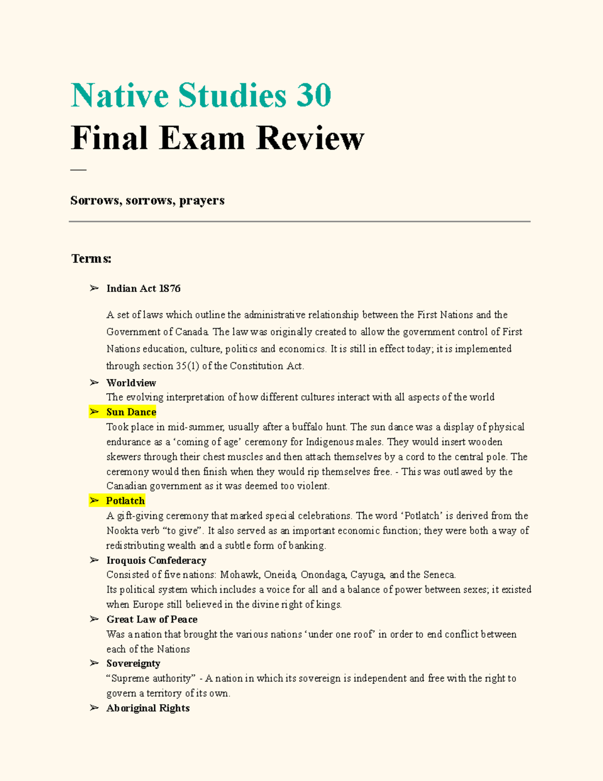 Native Studies 30 Final Exam Review: Key Concepts on Indigenous Rights ...