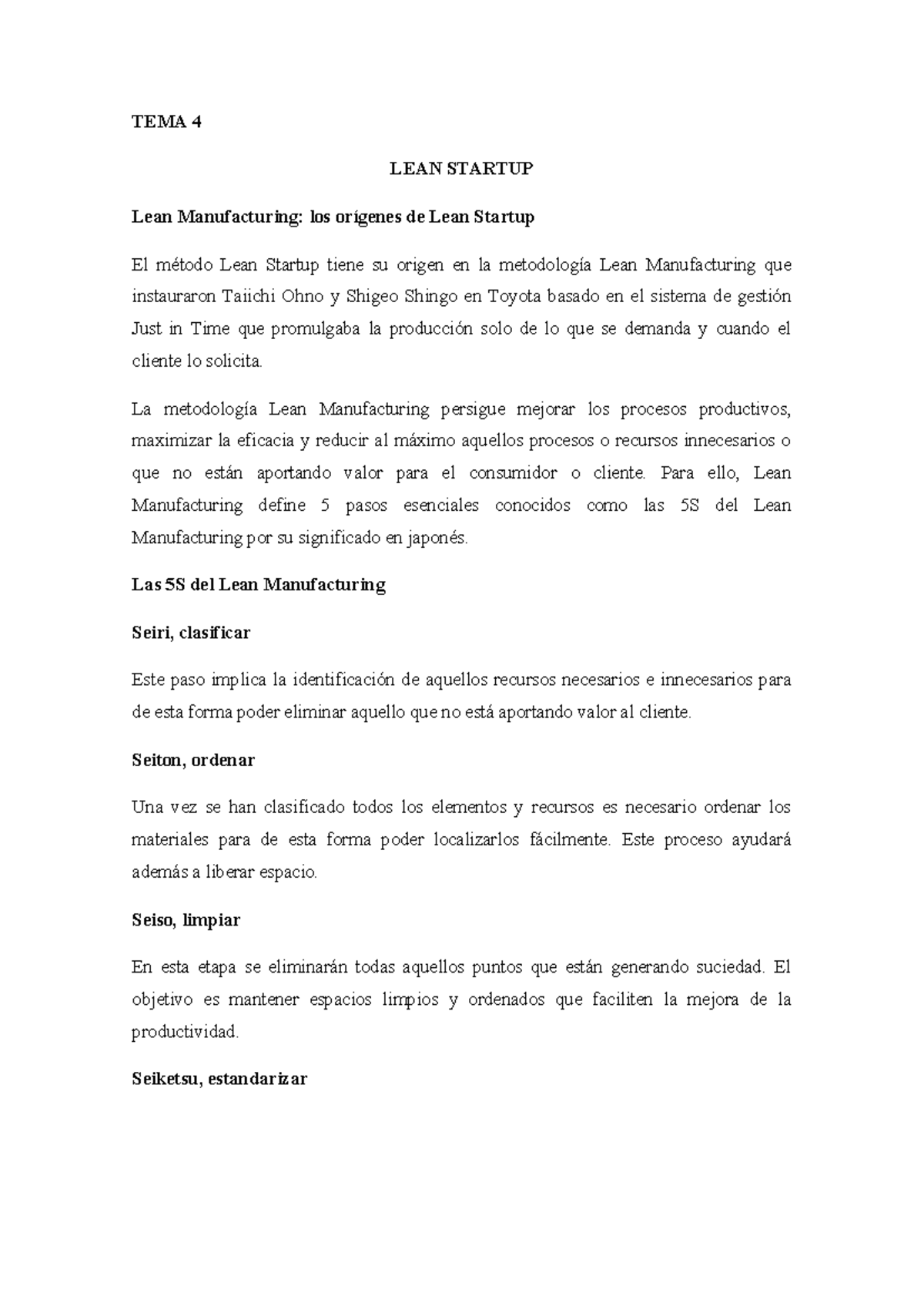 TEMA 4 LEAN STARTUP: Orígenes y Metodología de Lean Manufacturing - Studocu