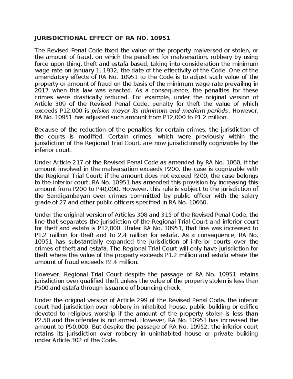 Jurisdictional Effect of RA No. 10951: Revised Penal Code Analysis ...